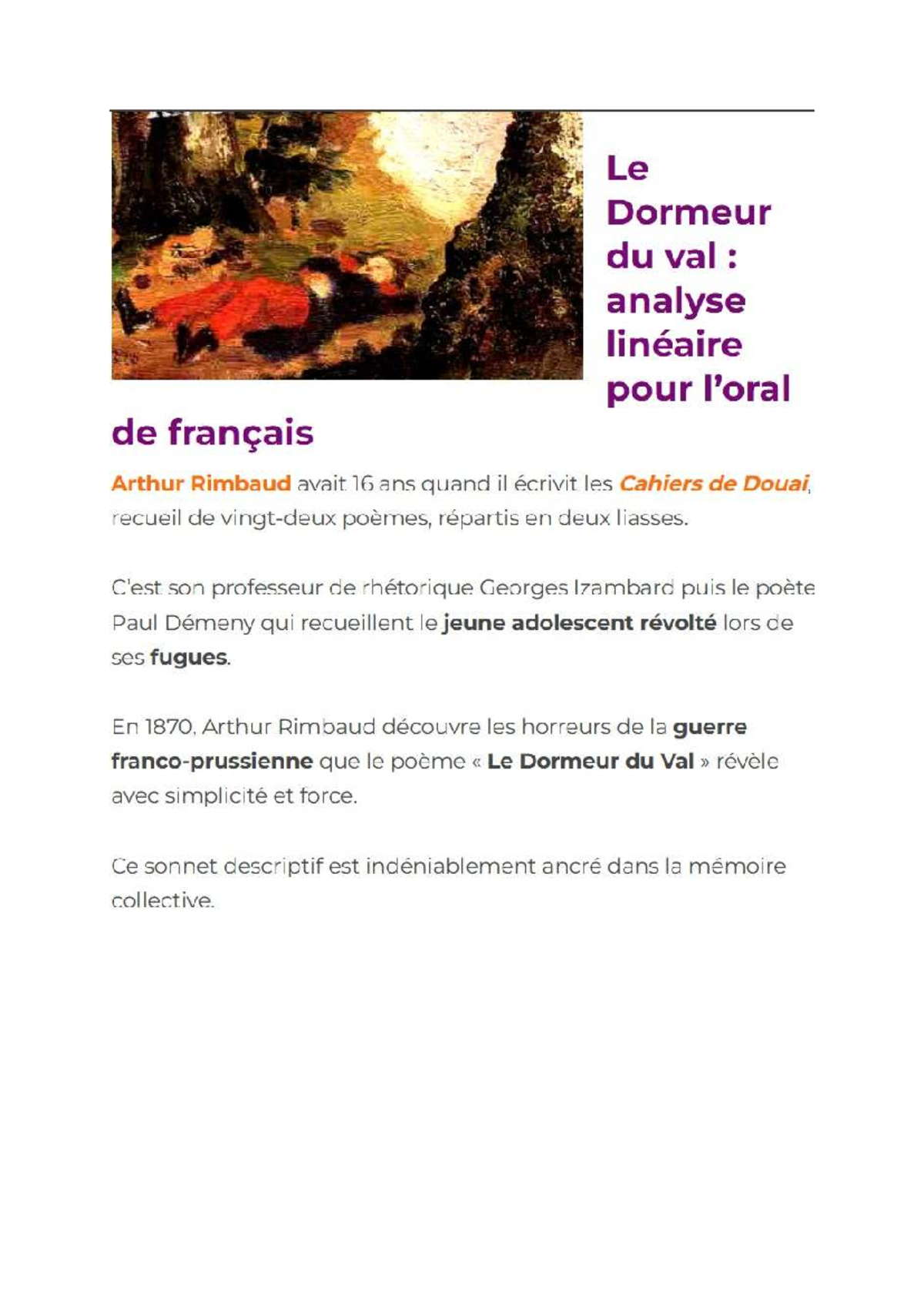 Analyse linéaire du poème "Le Dormeur du Val" - FRAN 101 - Studocu