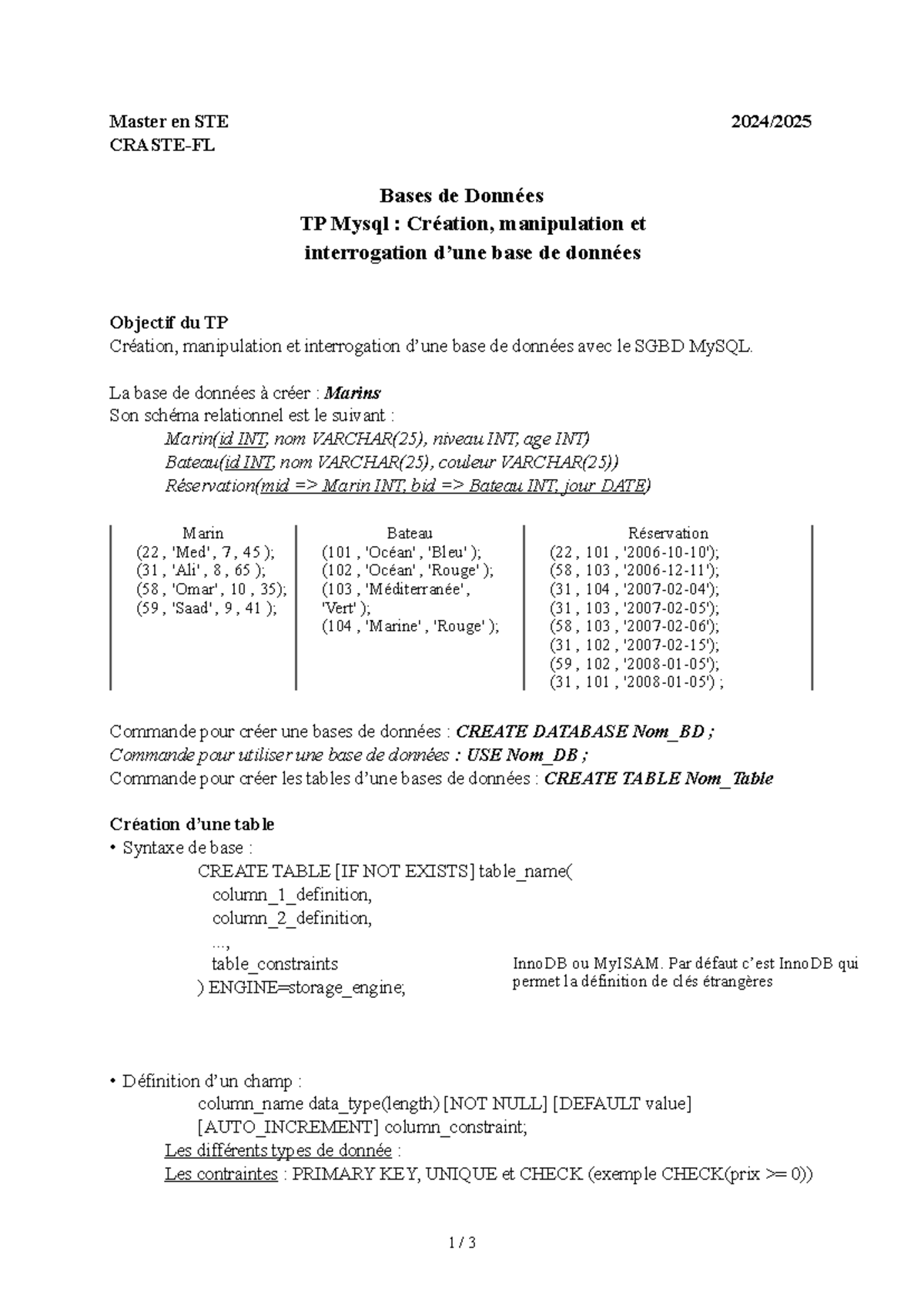 TP BD M-STE 24-25 - Création et Manipulation d'une BD SQL avec MySQL - Studocu