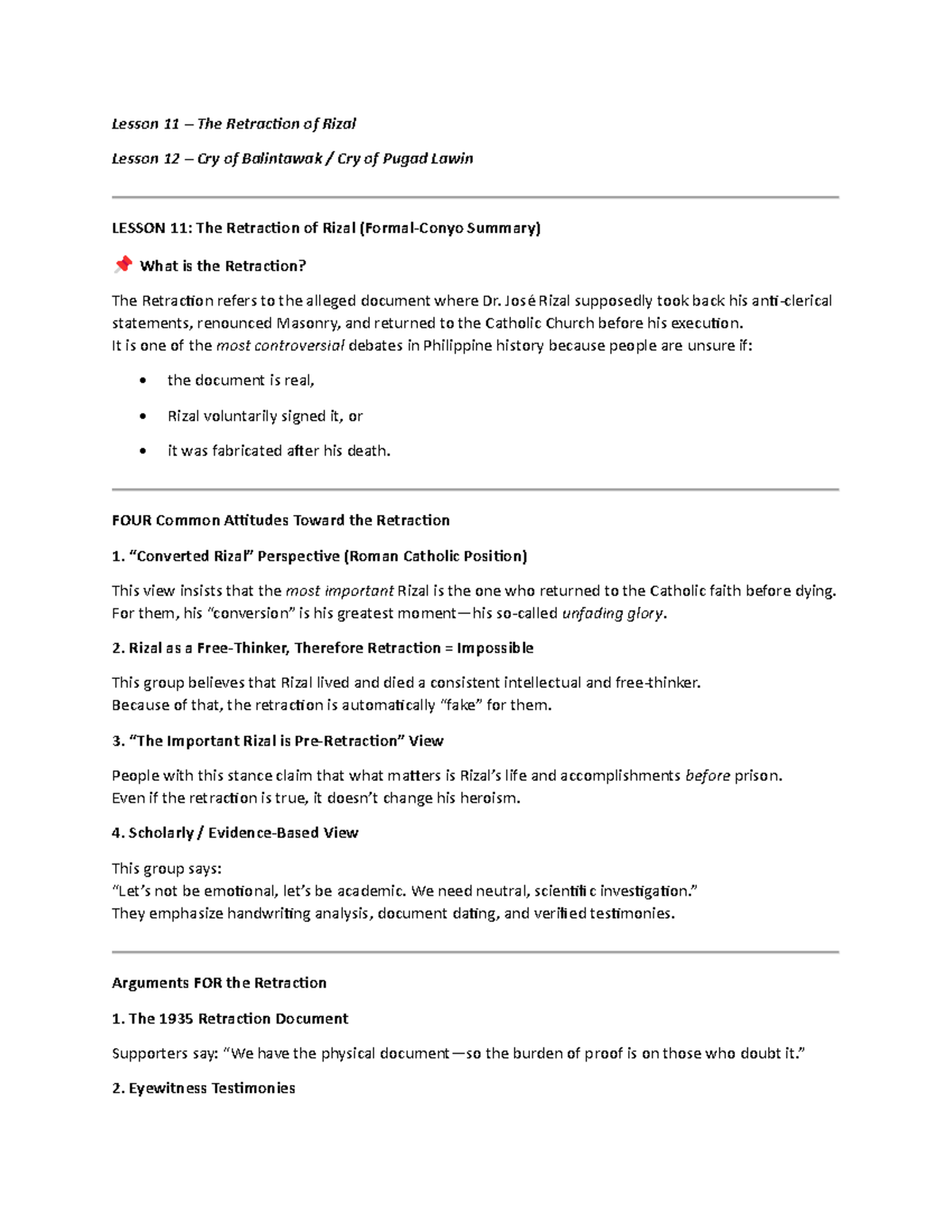 HIST - Lesson 11: The Retrac on of Rizal & Lesson 12: Cry of Balintawak ...