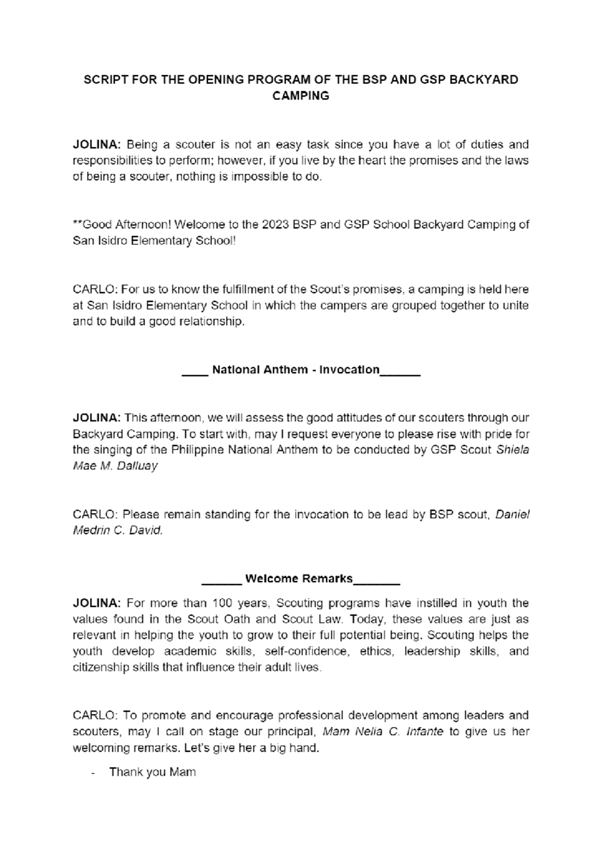 BSP & GSP Backyard Camping Opening Program Script - Studocu