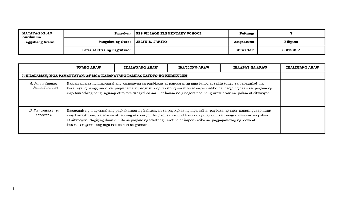 Filipino Kto10 Q3 WEEK 7: Daily Lesson Log for Teachers - Studocu
