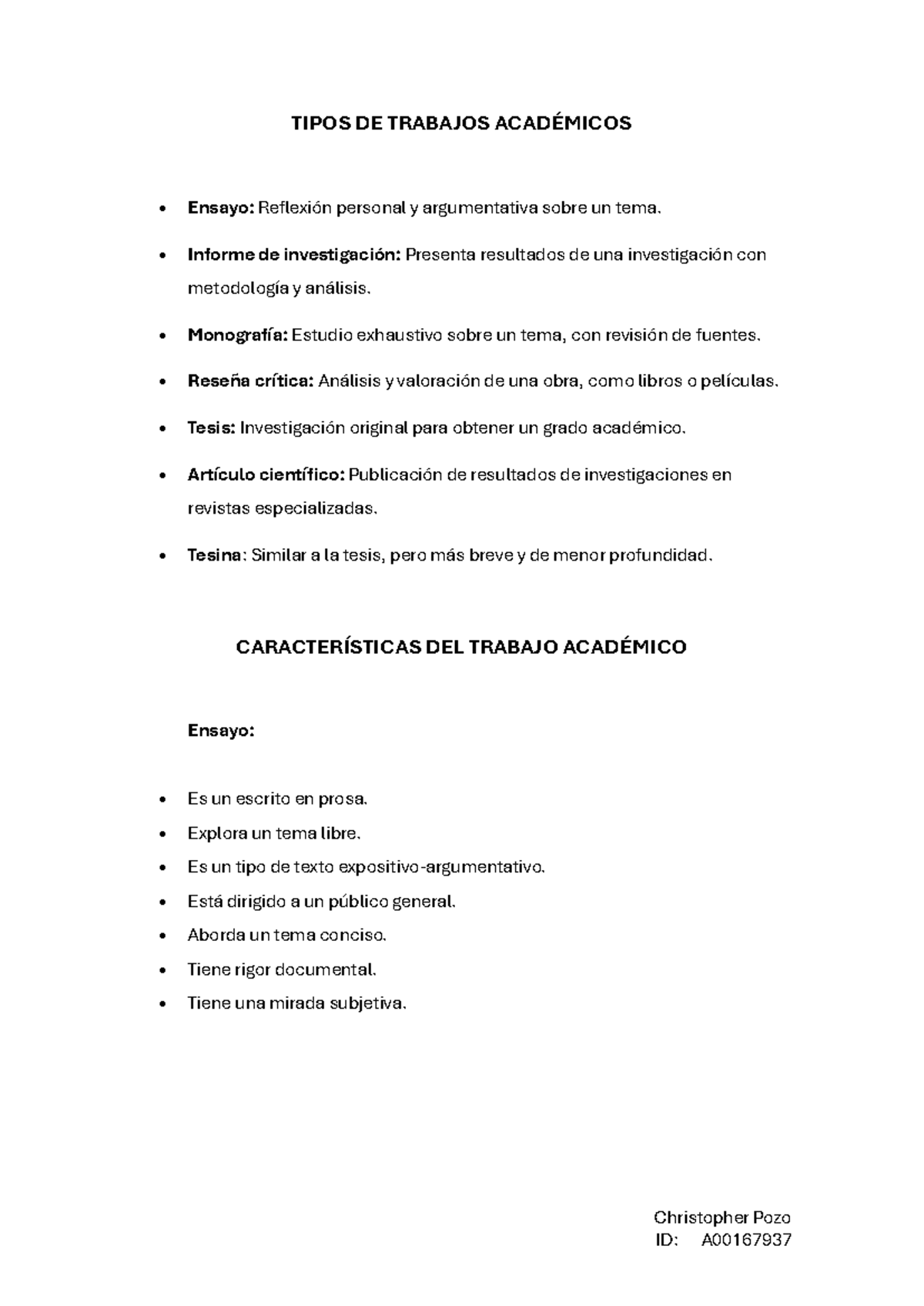 Características de los Trabajos Académicos de Christopher Pozo - Studocu