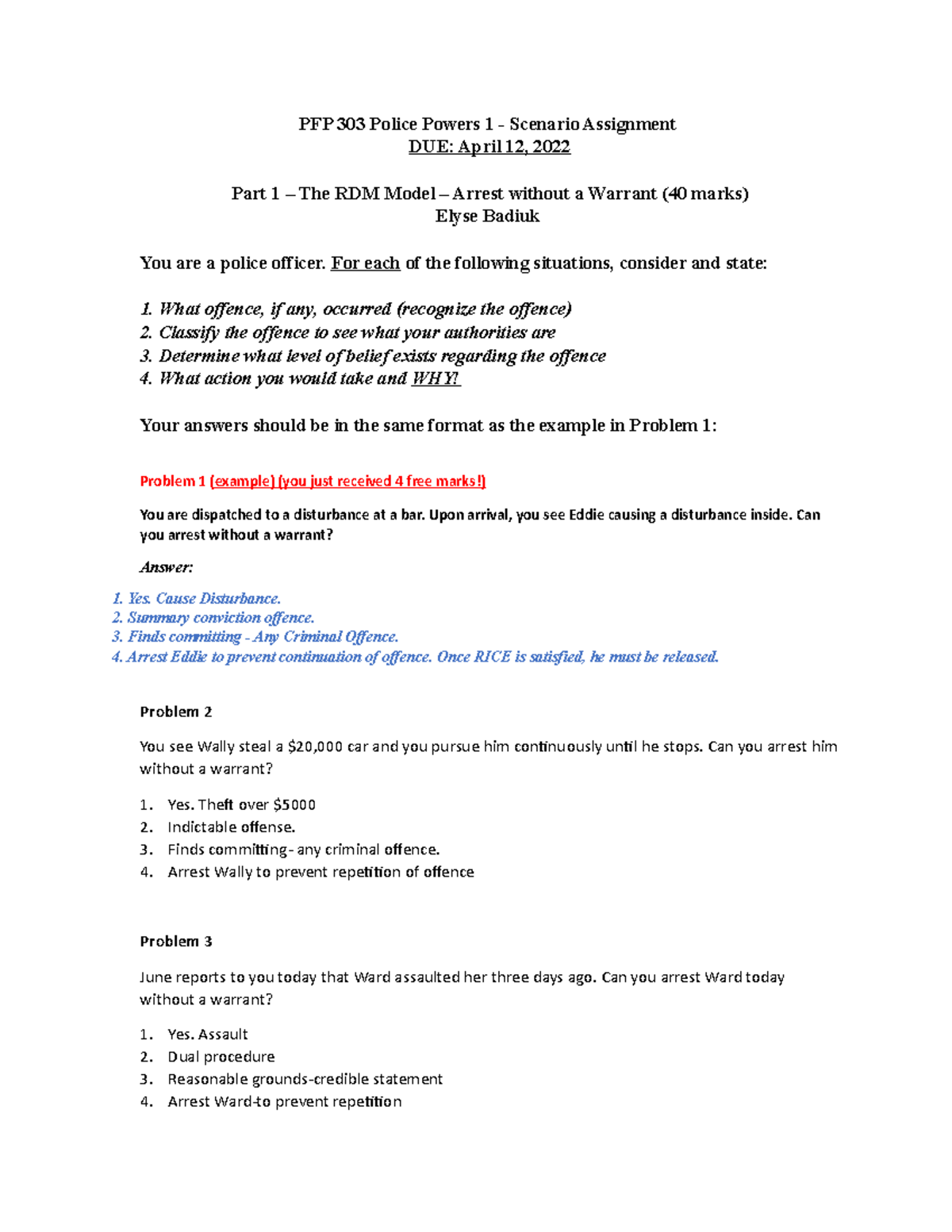PFP 303 Police Powers 1 - Arrest Scenario Assignment Insights - Studocu