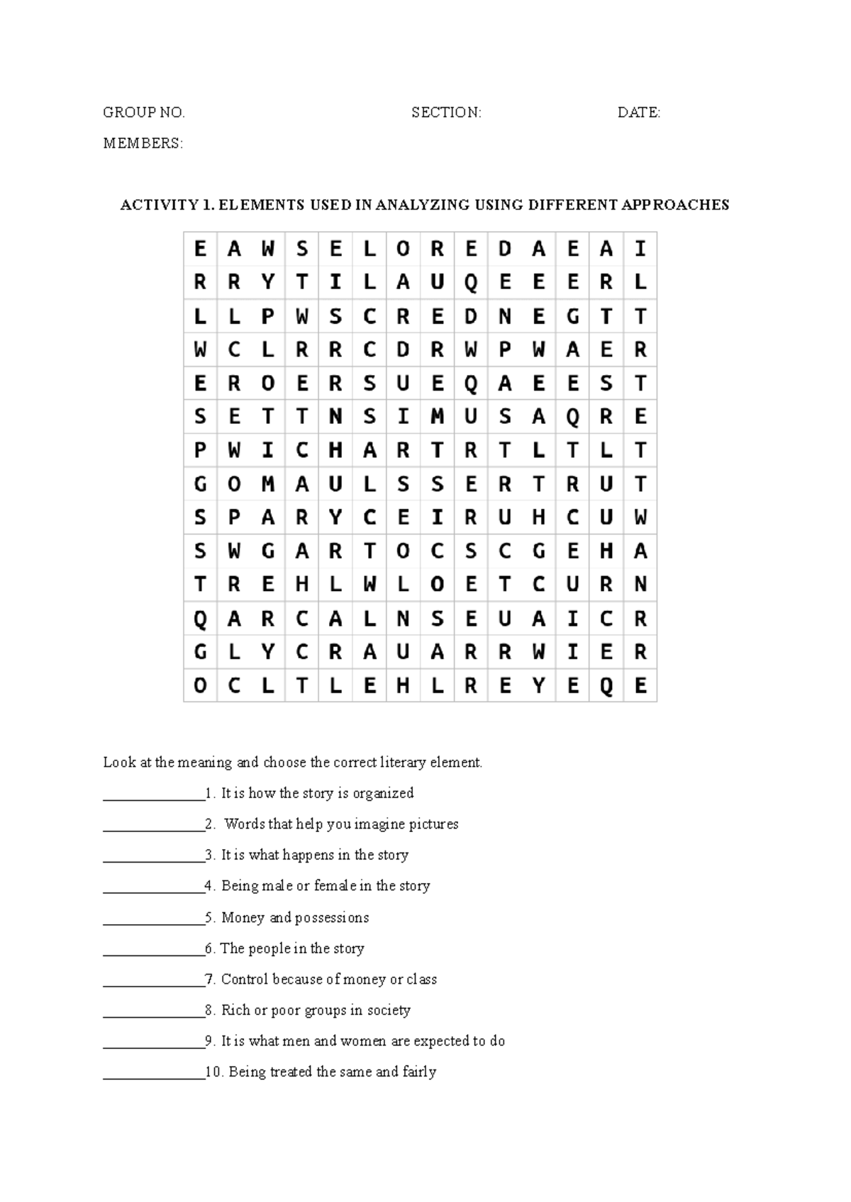 Activity Sheet: Analyzing Literary Elements and Approaches - Studocu