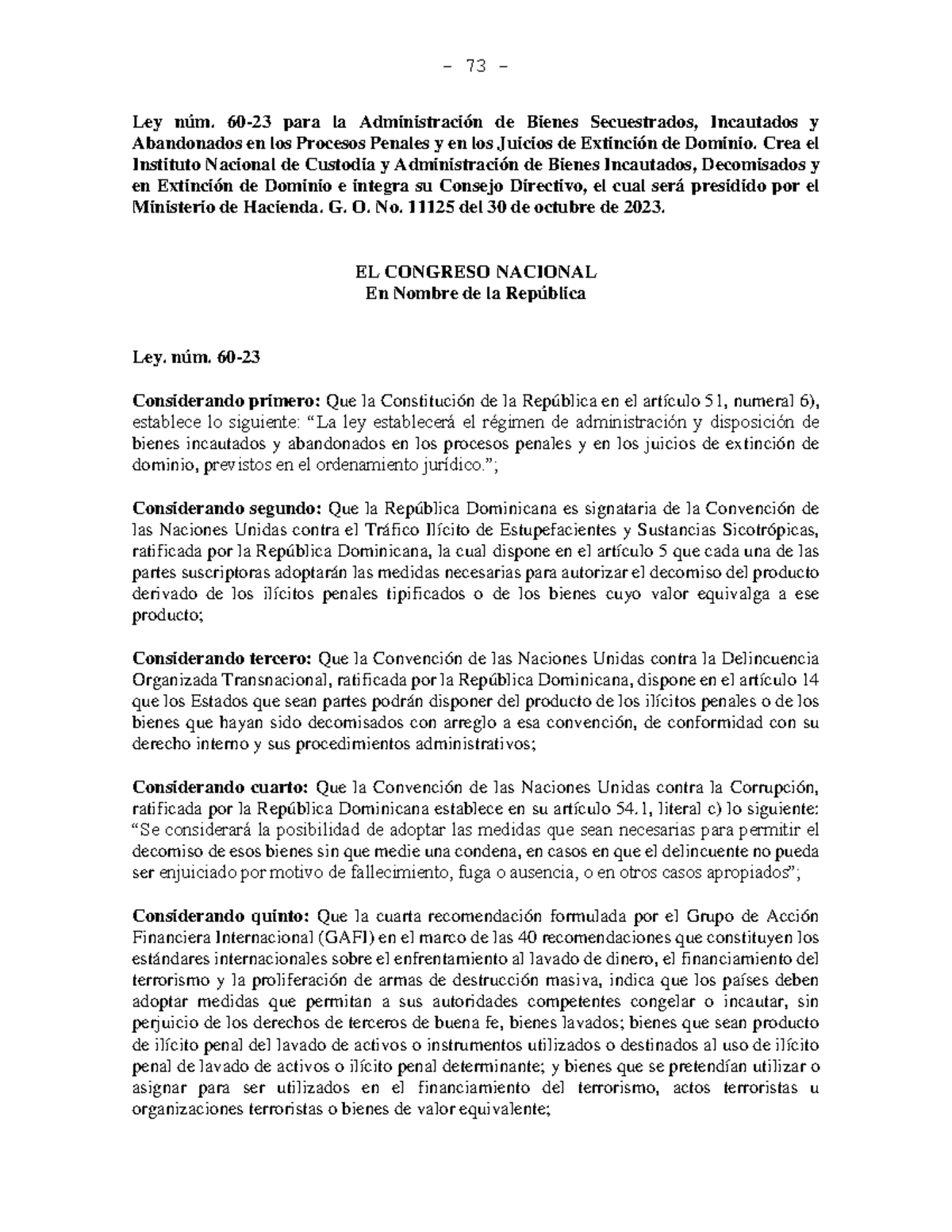 LEY 60-23: Administración de Bienes Secuestrados y Decomisados - Studocu