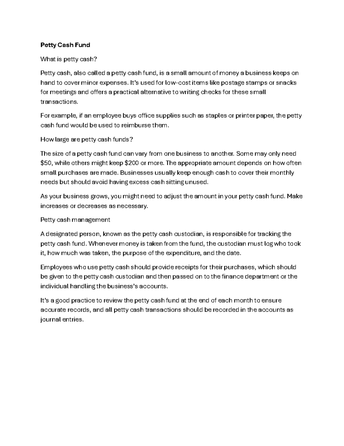 Petty Cash Fund Management: Understanding Its Purpose and Use - Studocu