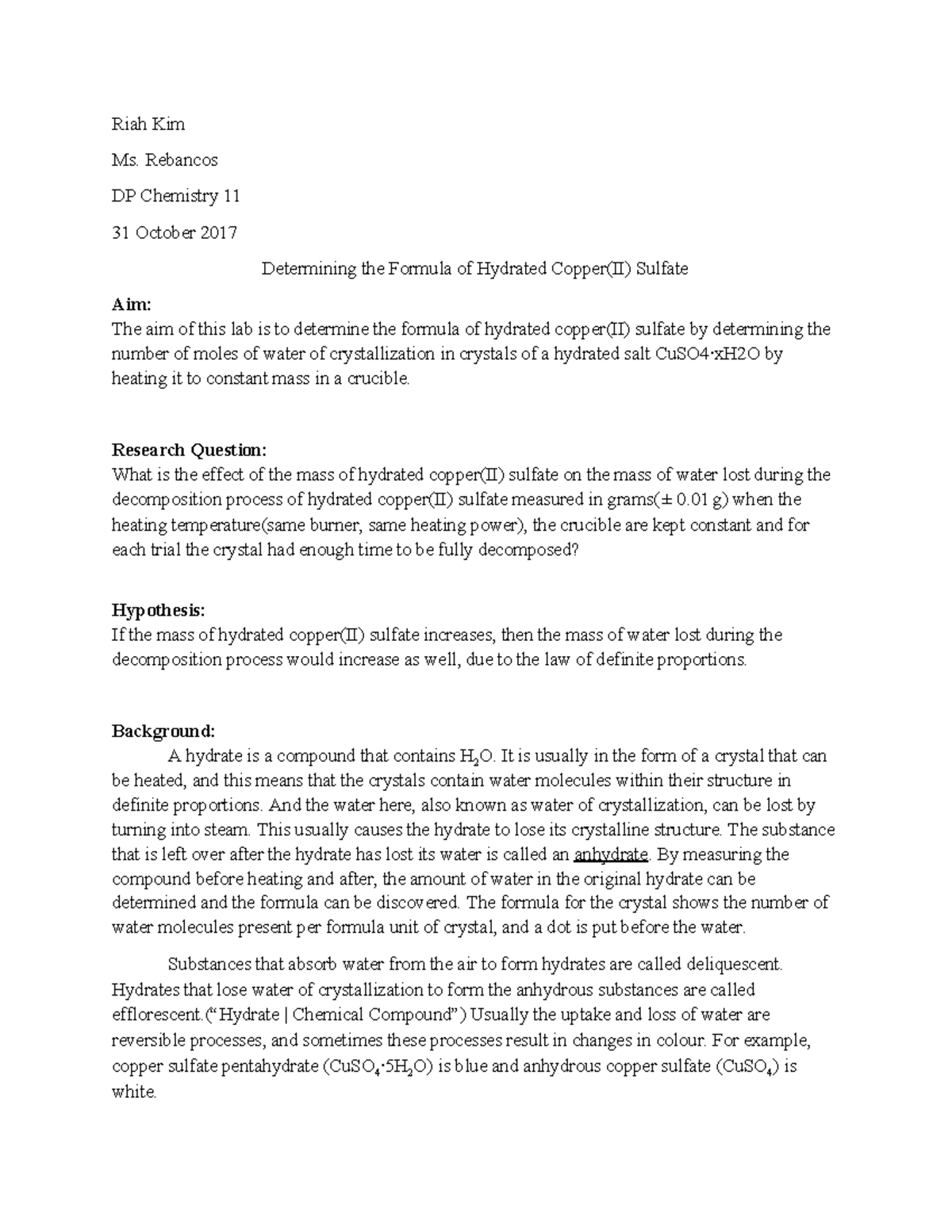 DP Chemistry 11 Lab: Determining the Formula of Hydrated CuSO4 - Studocu