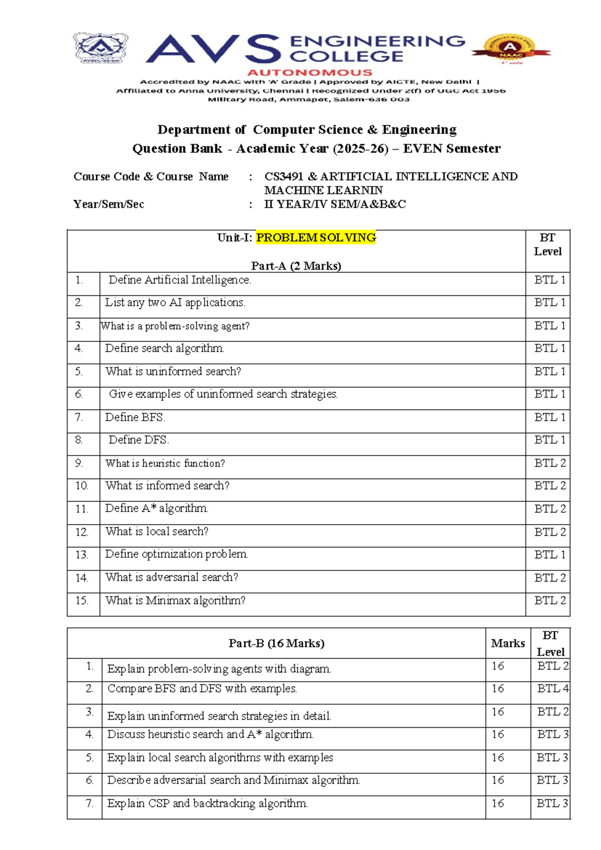 CS3491 AI & ML Question Bank for EVEN Semester - Studocu