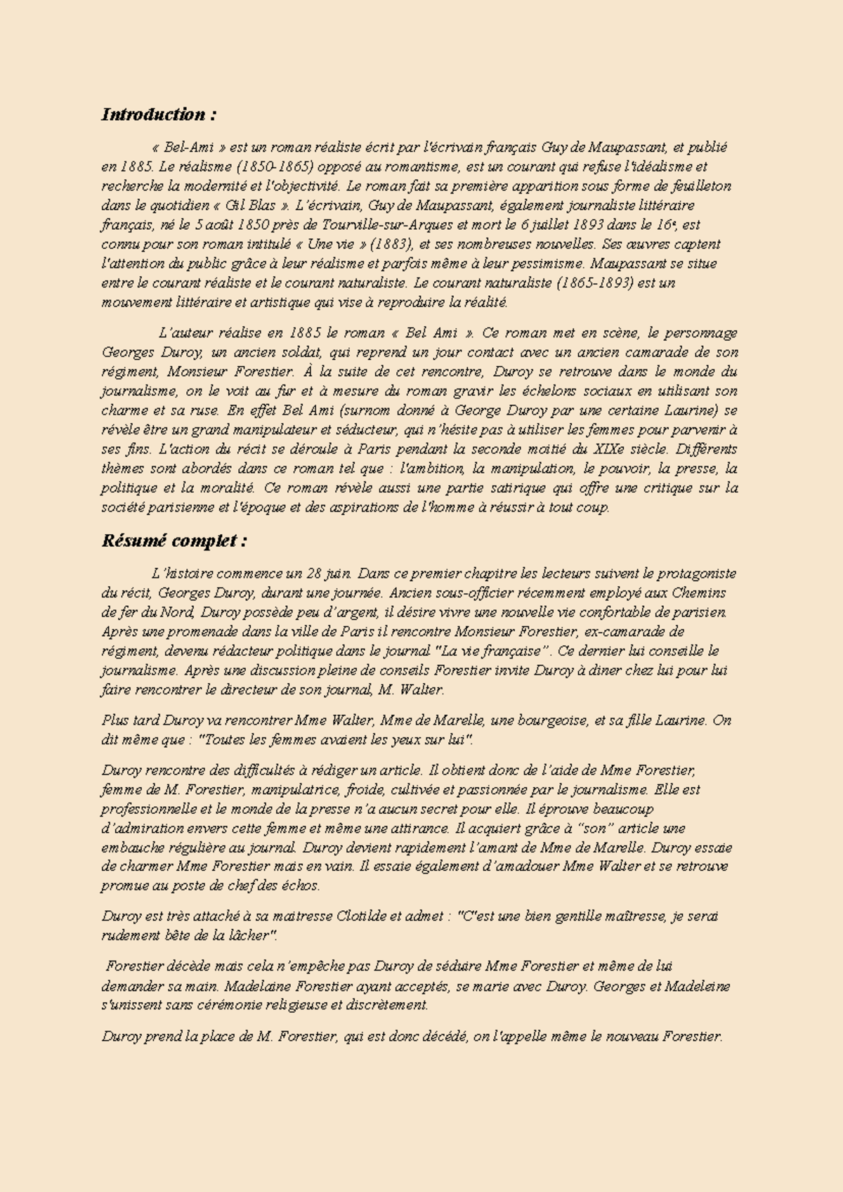 Fiche de lecture : Analyse du roman "Bel Ami" de Guy de Maupassant - Studocu