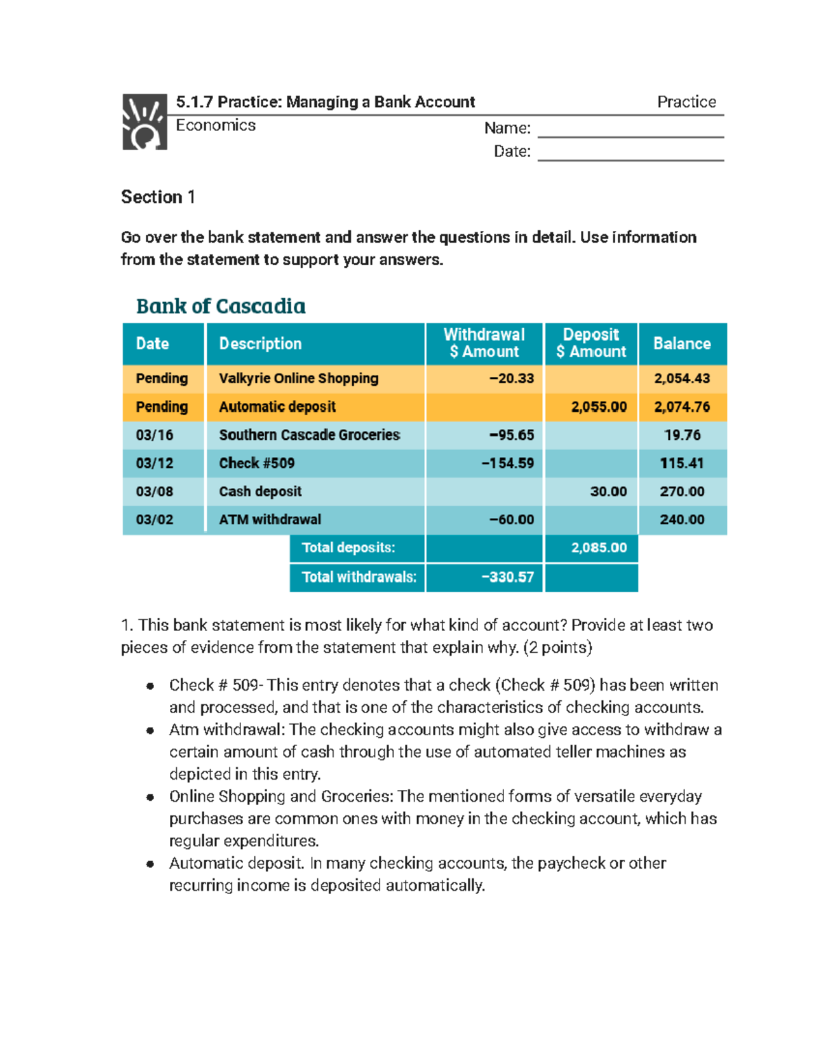 5.1.7 Practice: Managing a Bank Account (Economics) - Studocu