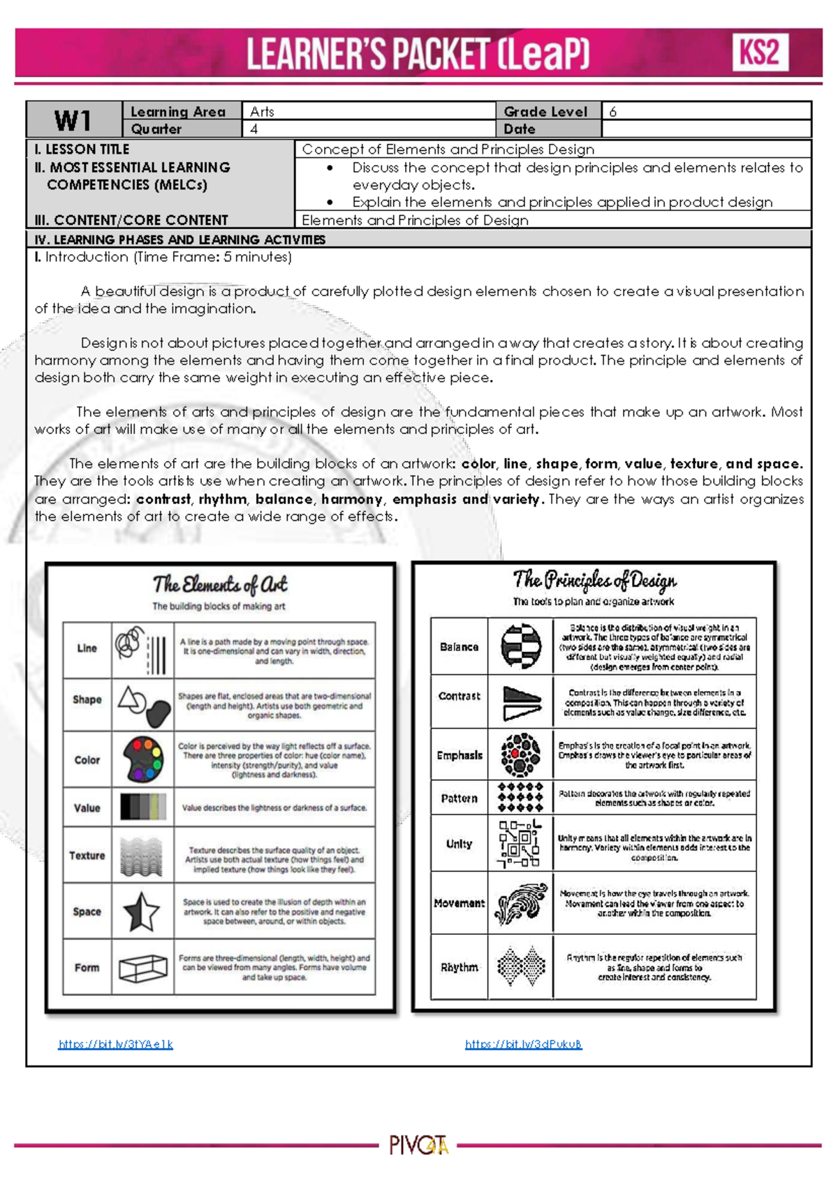 Q4 Arts 6 Week 1: Elements & Principles of Design Lesson - Studocu