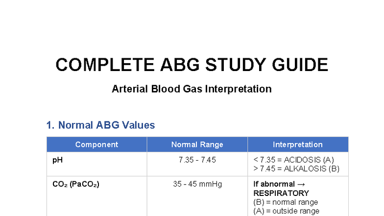 ABG Study Guide: Arterial Blood Gas Interpretation for Exams - Studocu