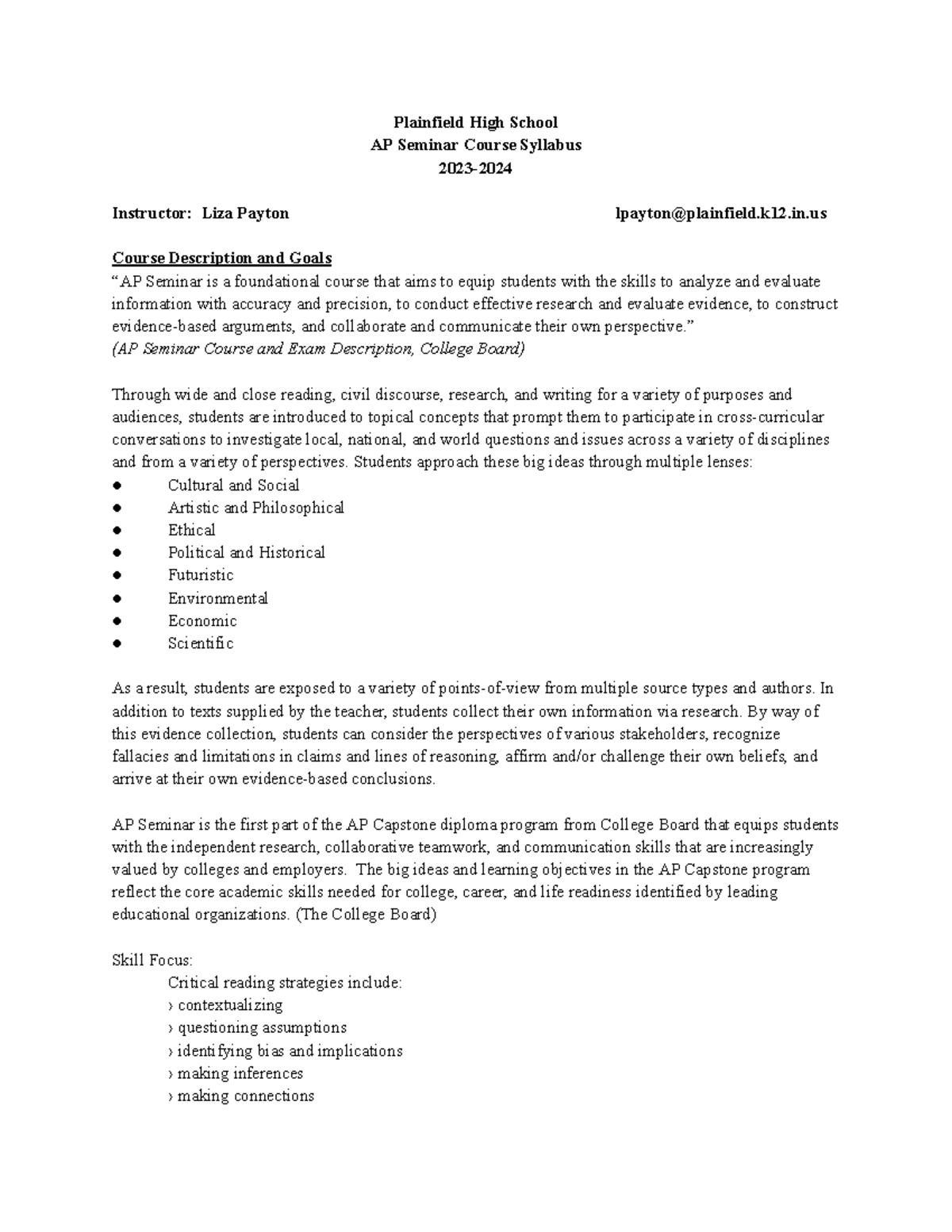 AP Seminar Syllabus 2023-24: Course Overview & Expectations - Studocu