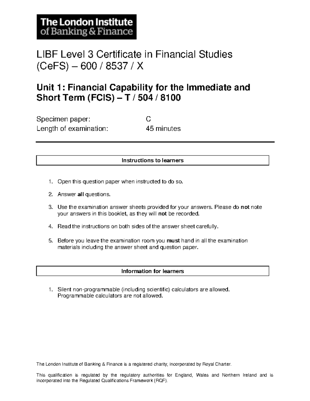 CeFS Level 3 Unit 1 Financial Capability Specimen Paper C - Studocu