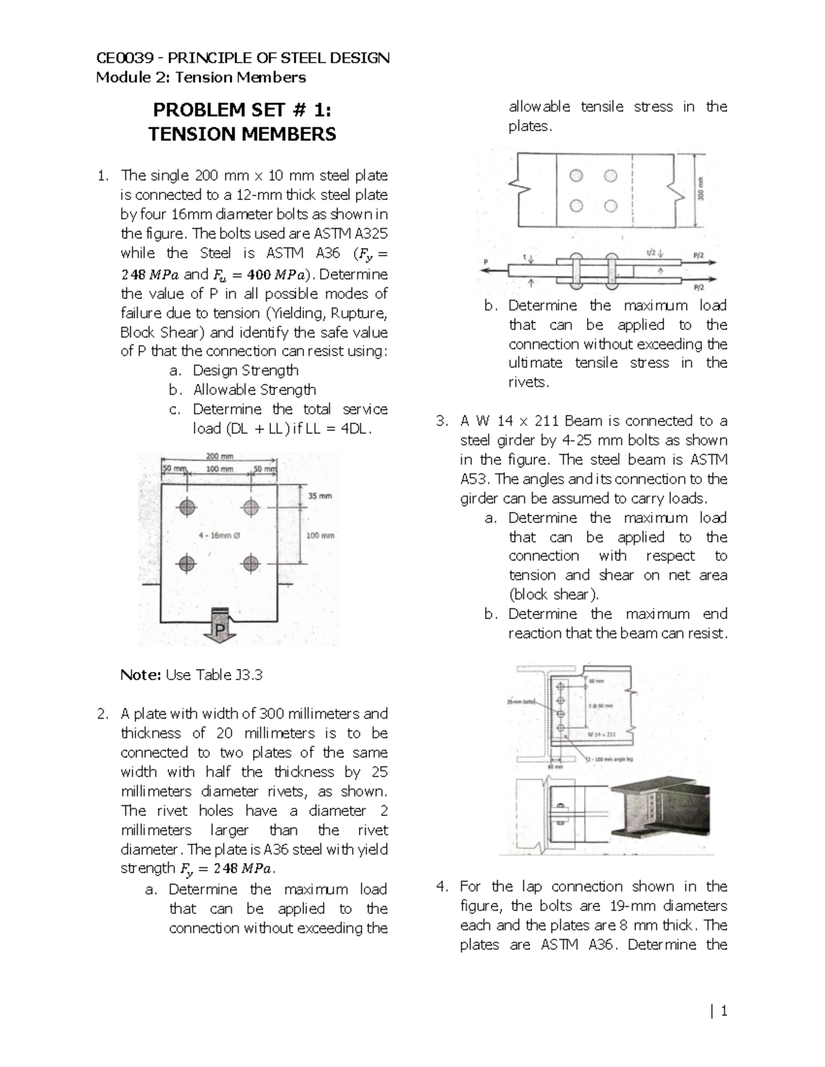 CE0039 Problem Set 1: Tension Members Analysis and Solutions - Studocu