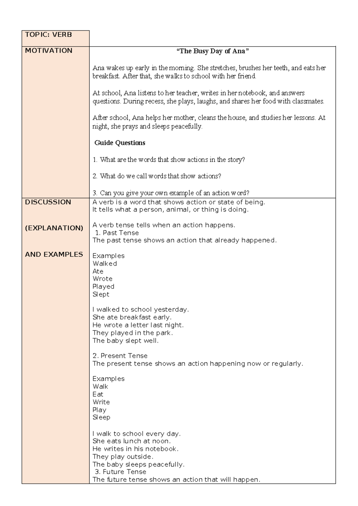 VERB - Lesson Plan on Action Words and Tenses - Studocu