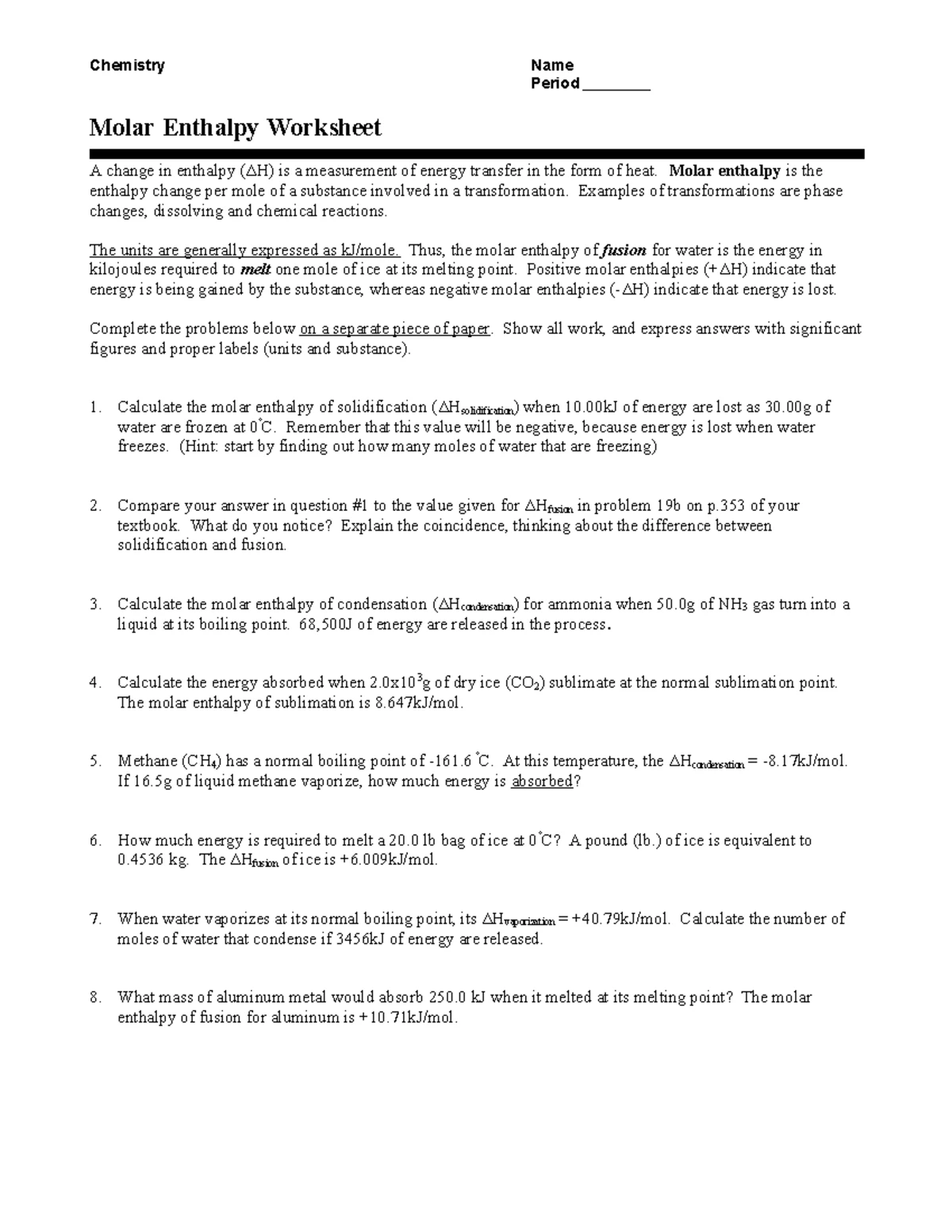 Molar Enthalpy Worksheet: Energy Changes in Chemical Transformations ...
