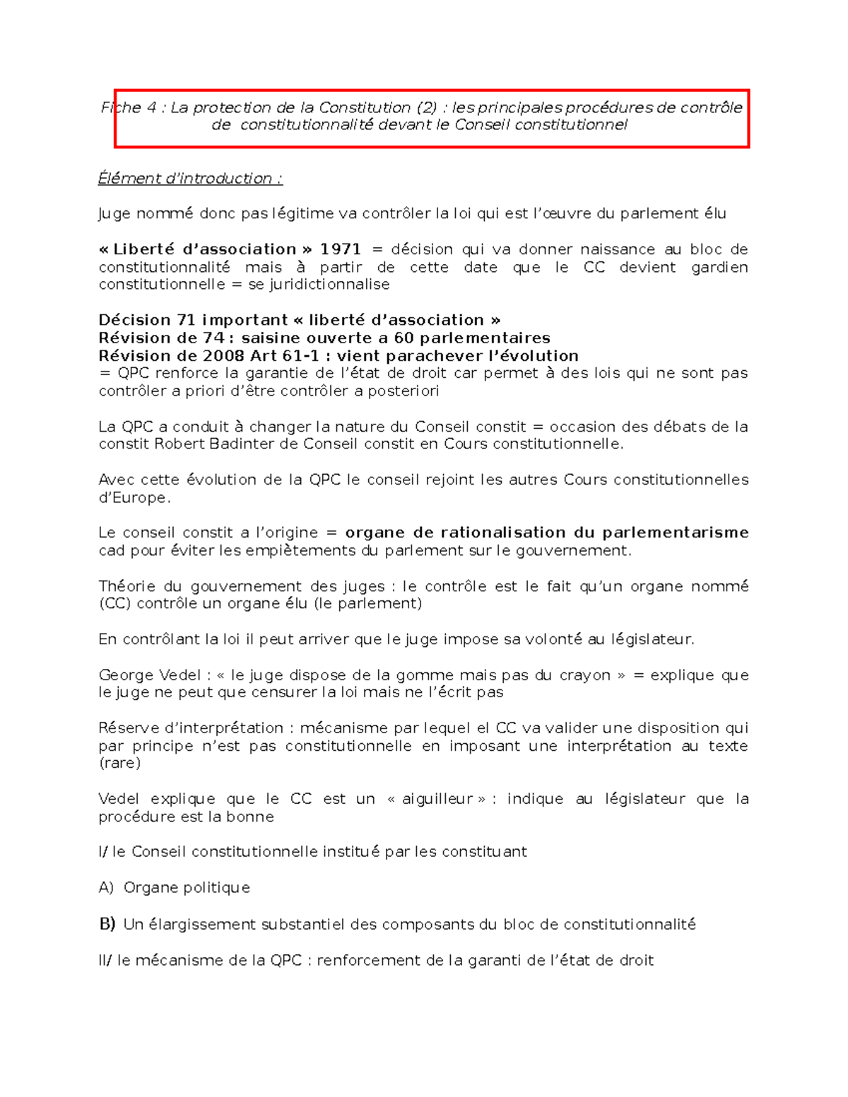 Fiche 4 - Fiche 4 : La protection de la Constitution (2) : les principales procédures de ...