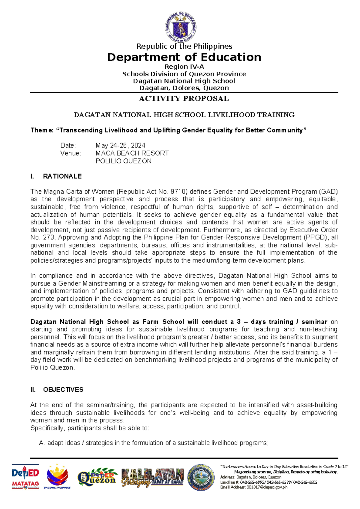 GAD Proposal 2024: Livelihood Training for Empowerment at DNHS - Studocu