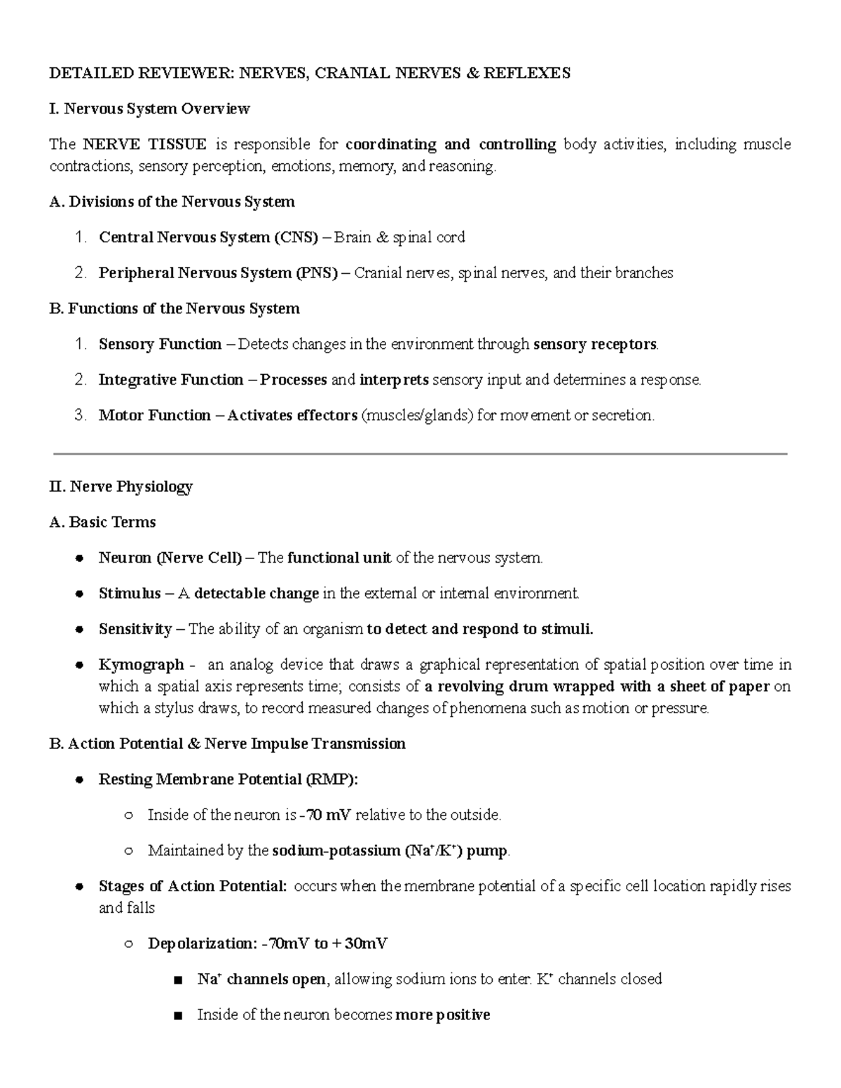NERVES & CRANIAL NERVES REVIEW NOTES - FINAL EXAM GUIDE - Studocu