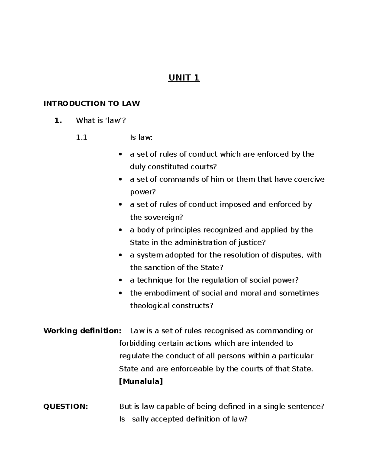 UNIT 1: Introduction to Law - Key Concepts and Classifications - Studocu