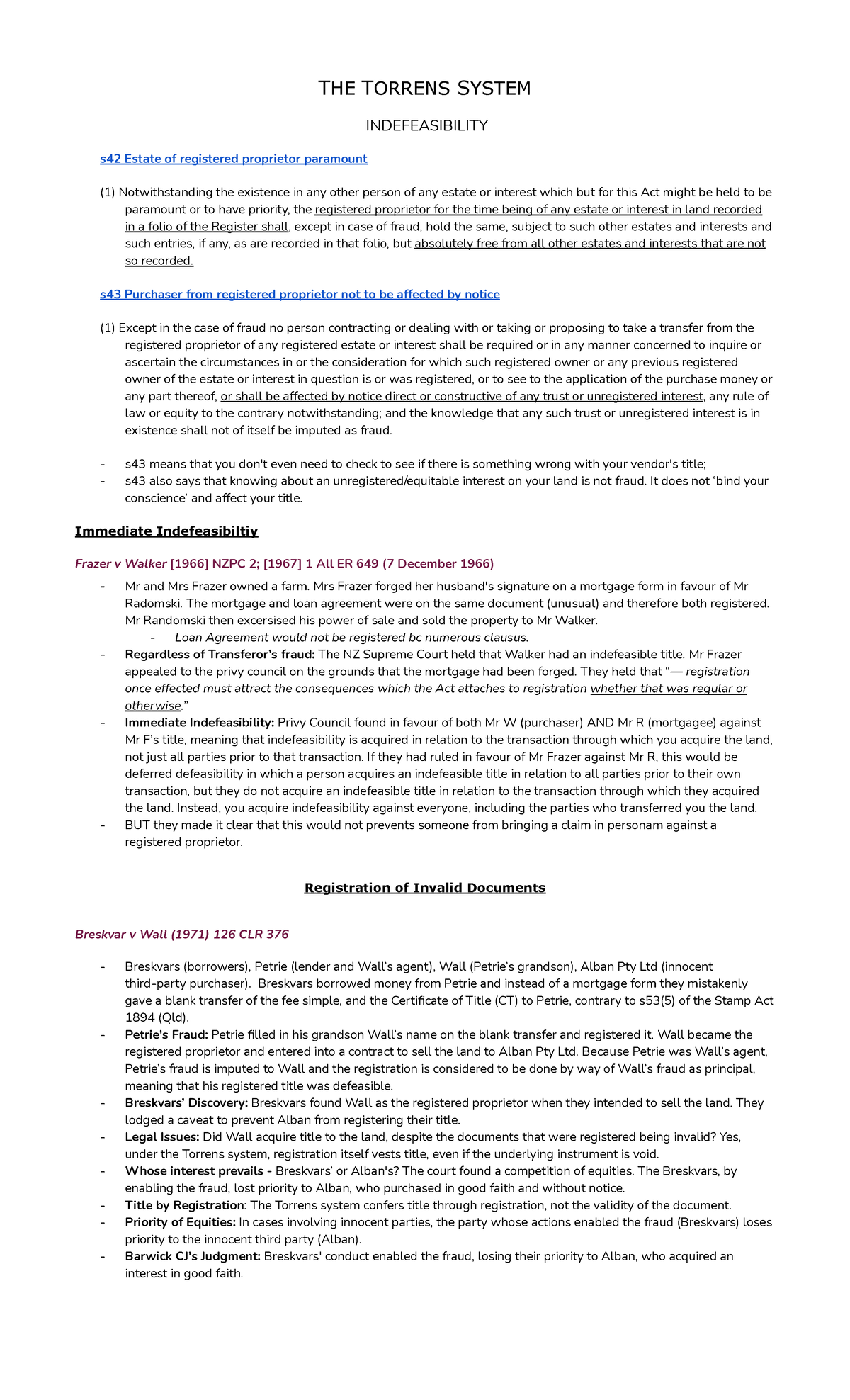 Land Law Revision Notes: The Torrens System and Indefeasibility - Studocu