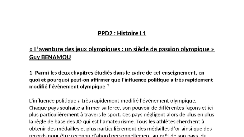 PPD2 : Histoire L1 - Impact de la Politique sur les JO Modernes - Studocu