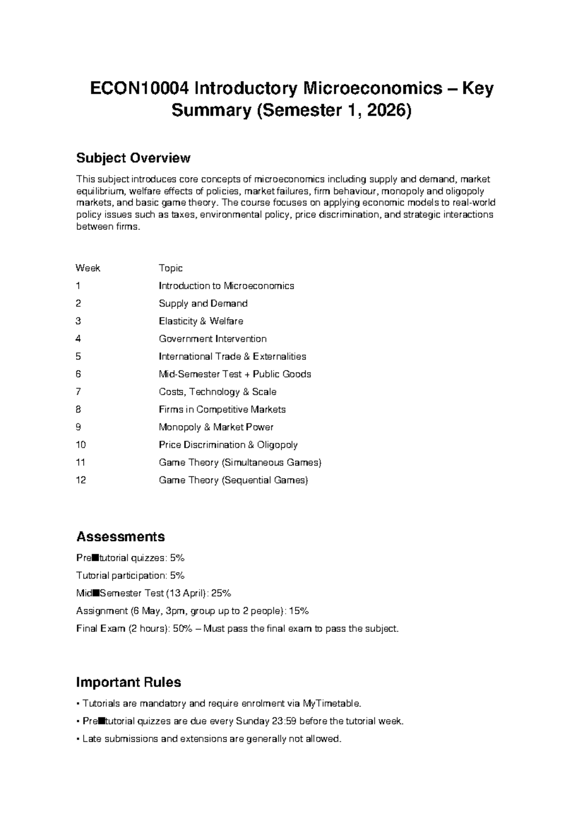 ECON10004 Introductory Microeconomics Key Summary (Sem 1, 2026) - Studocu