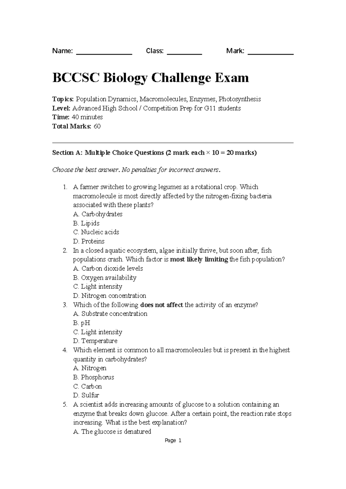 G11 BCCSC Biology Challenge Exam: Key Topics & Questions - Studocu