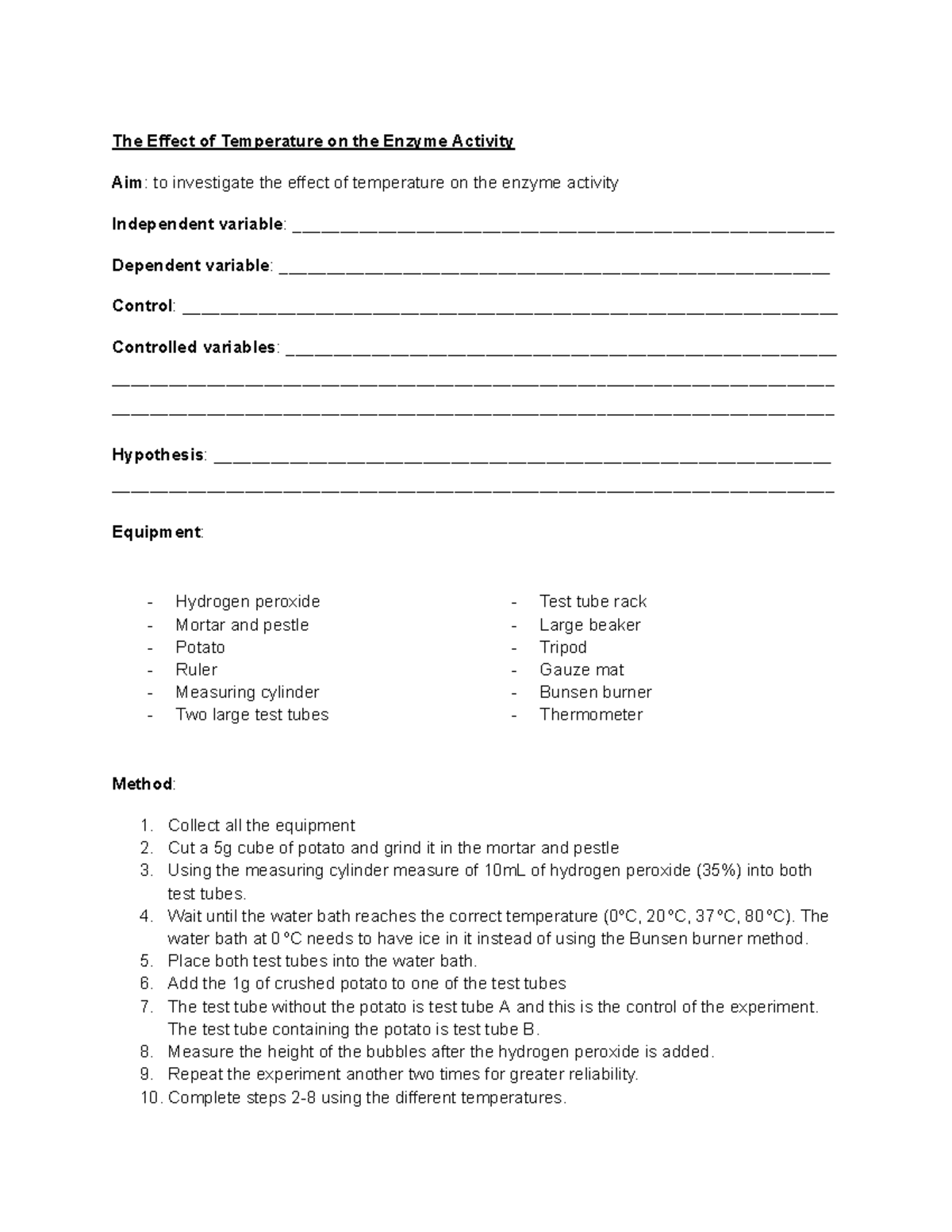 The Effect of Temperature on Enzyme Activity: Lab Experiment - Studocu