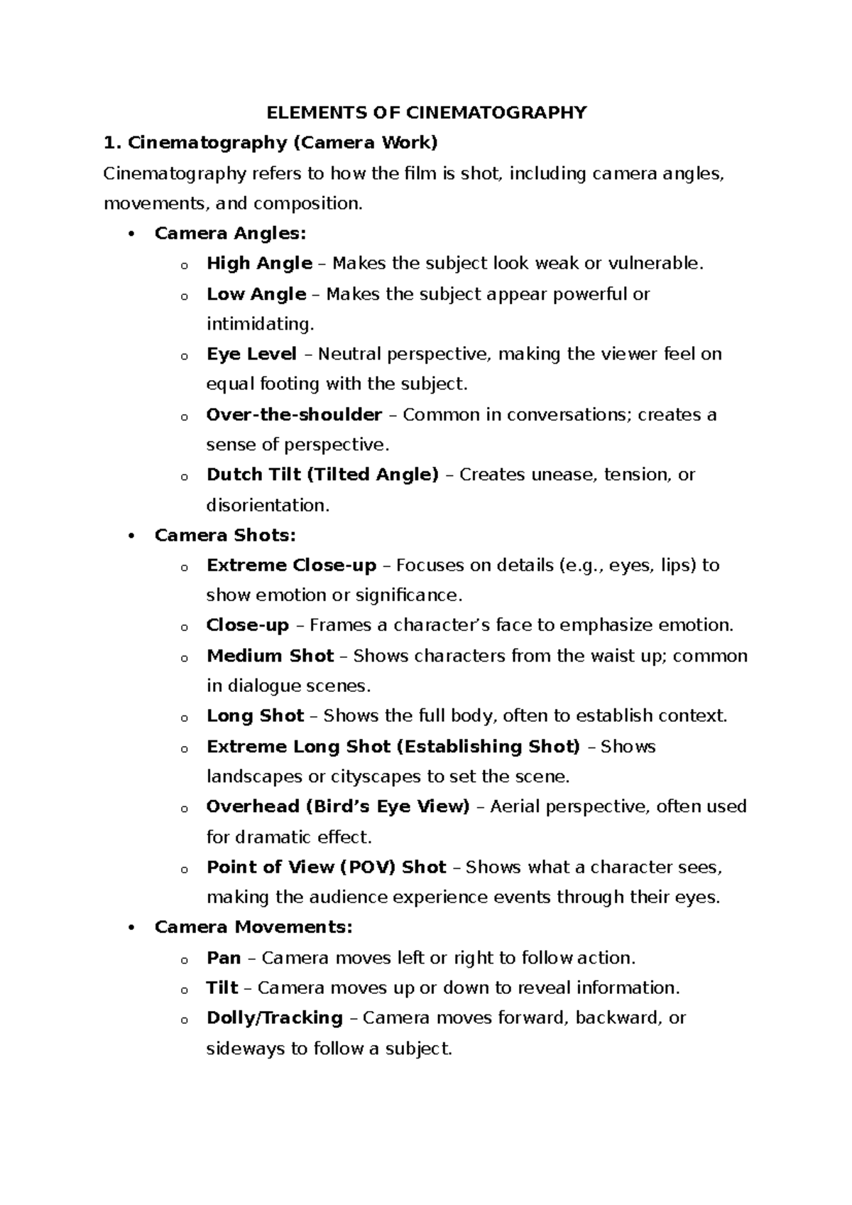 CIN 101: Elements of Cinematography - Key Concepts and Techniques - Studocu