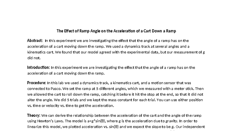 Lab 12: Effect of Ramp Angle on Cart Acceleration (PHYS 1201) - Studocu