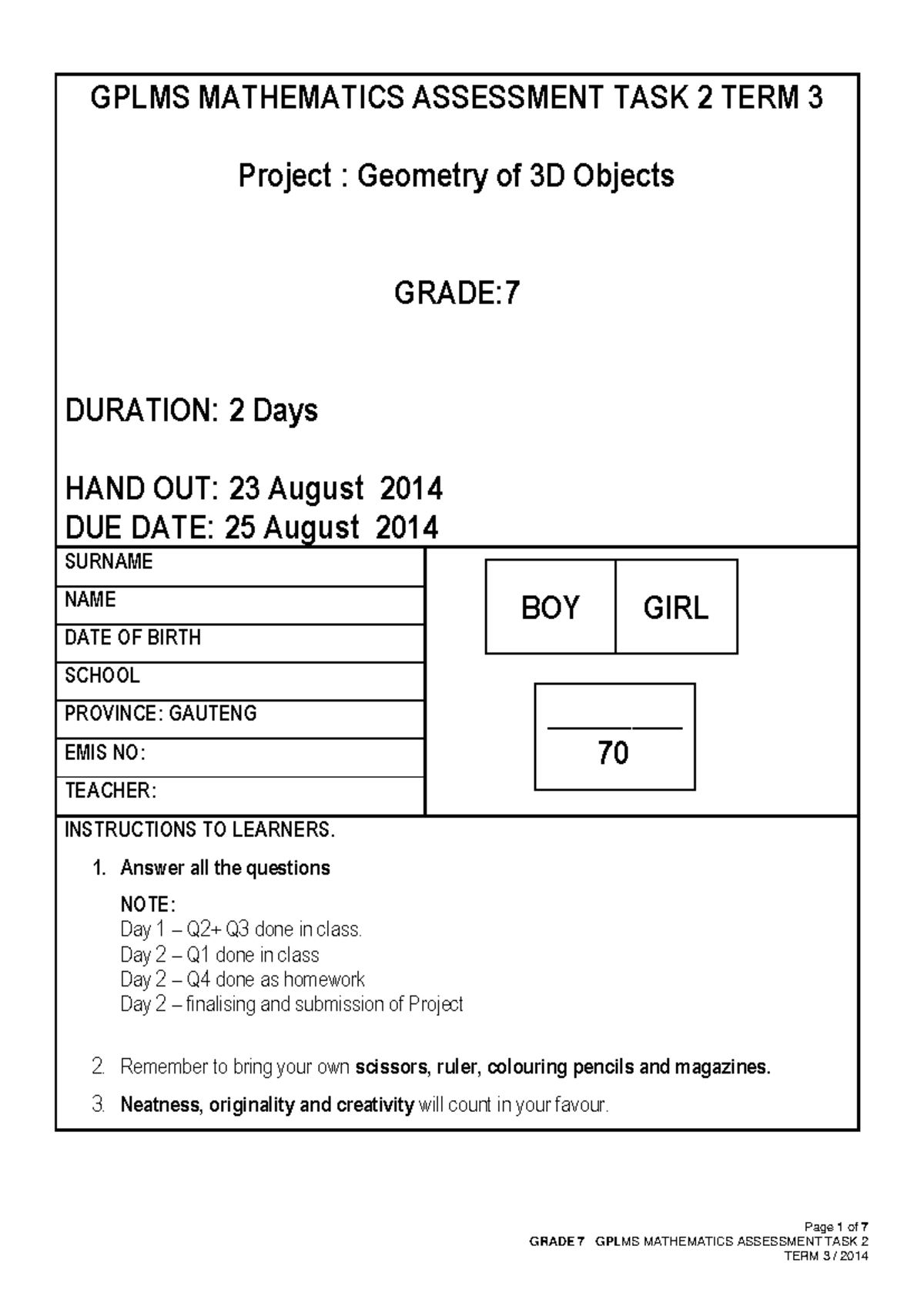 Grade 7 GPLMS Math Project: Geometry of 3D Objects - Term 3 - Studocu