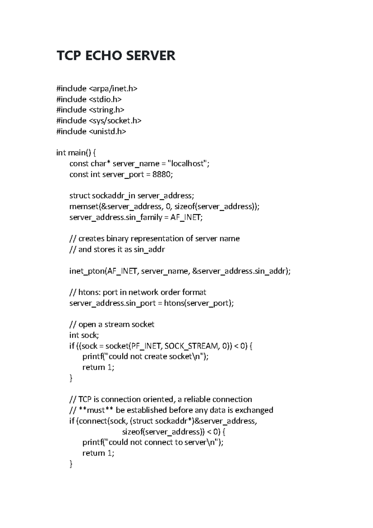 TCP ECHO SERVER Implementation in C: Socket Programming Guide - Studocu