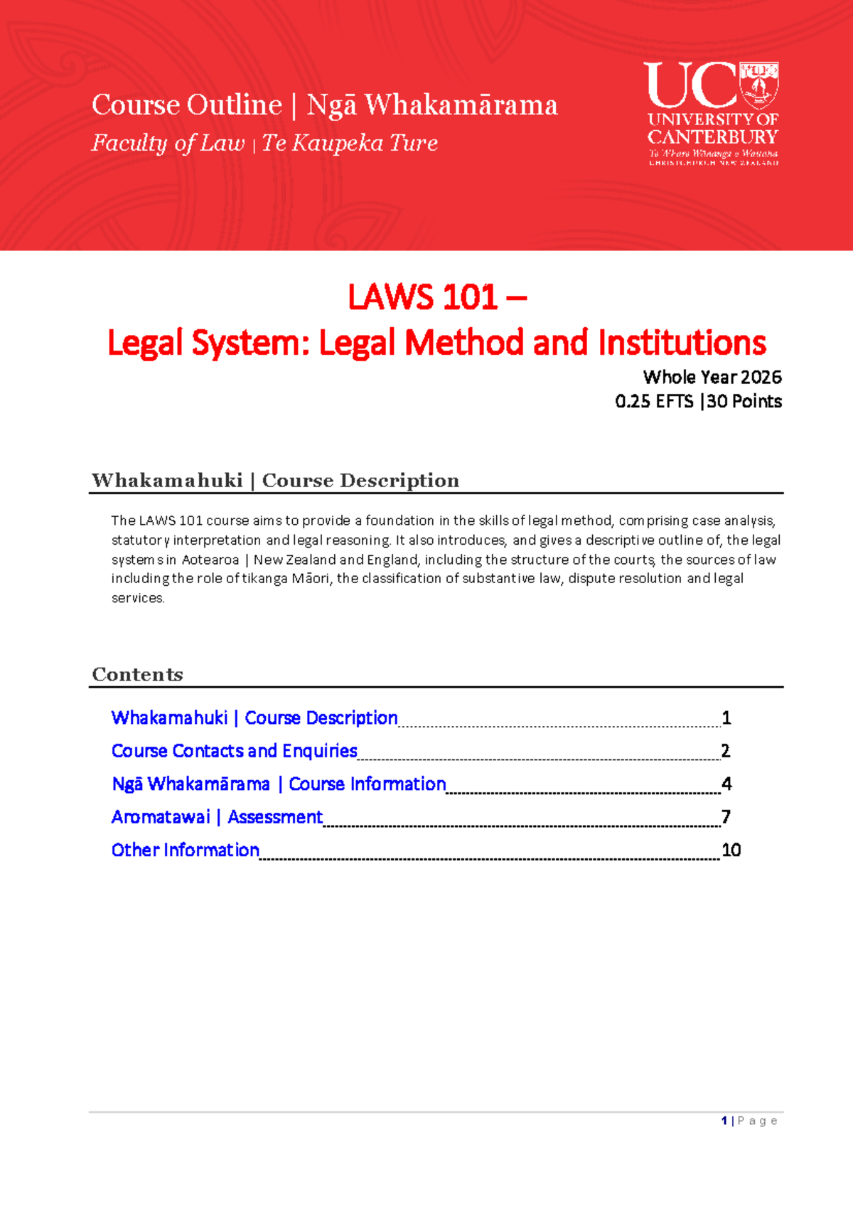 LAWS 101 Course Outline: Legal Method & Institutions 2026 - Studocu
