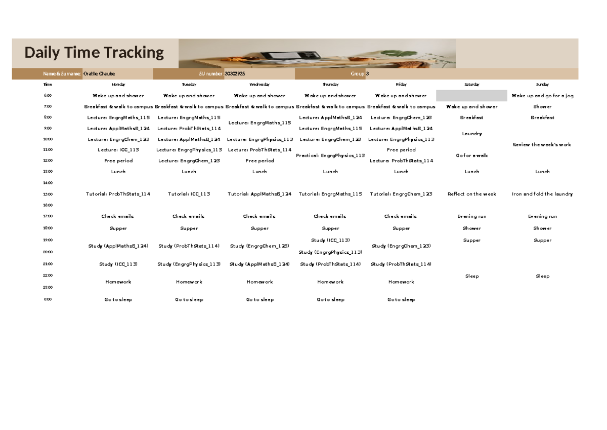 Weekly Time Tracking Sheet for Engrg Courses - Studocu
