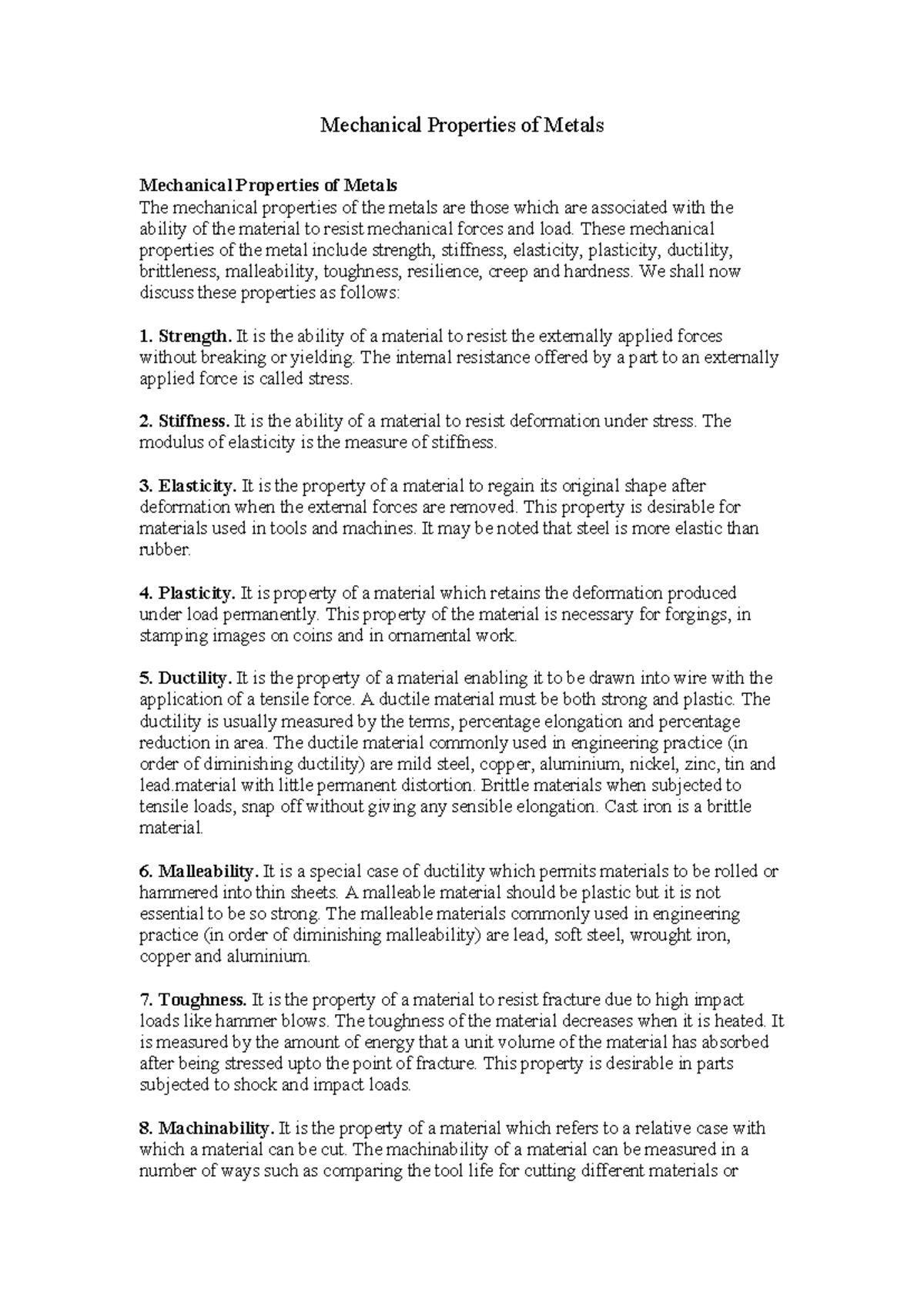 MECH 101: Mechanical Properties of Metals Explained - Studocu
