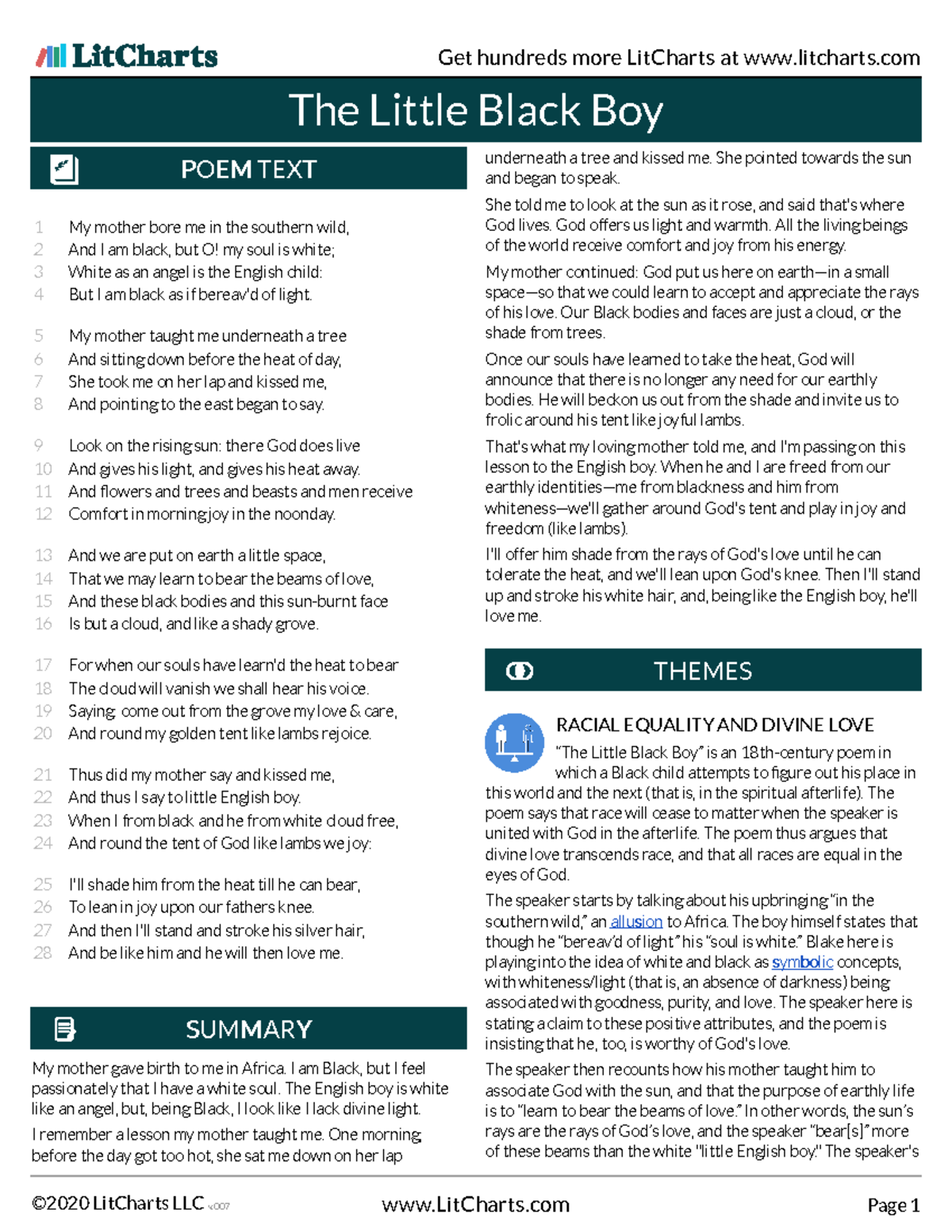 Racial Equality and Divine Love in Blake's "The Little Black Boy" - Studocu