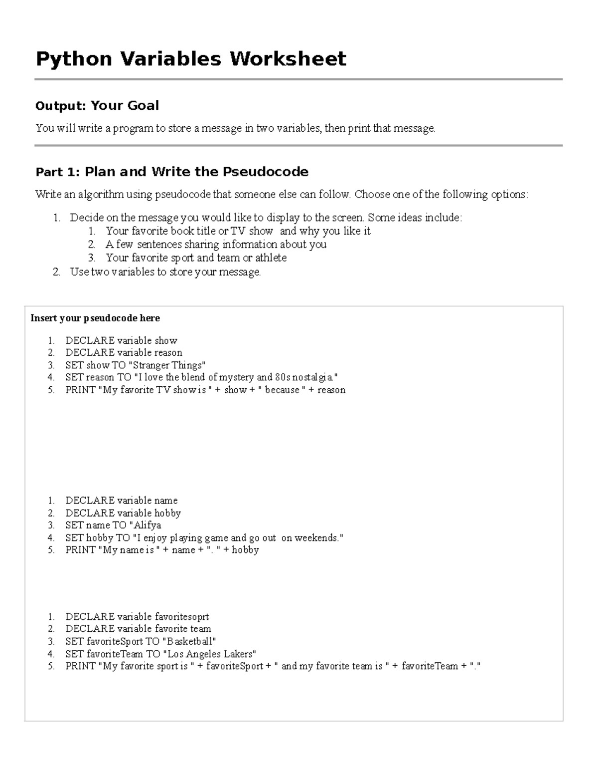 Python Variables Worksheet Message Storage Output Guide Studocu