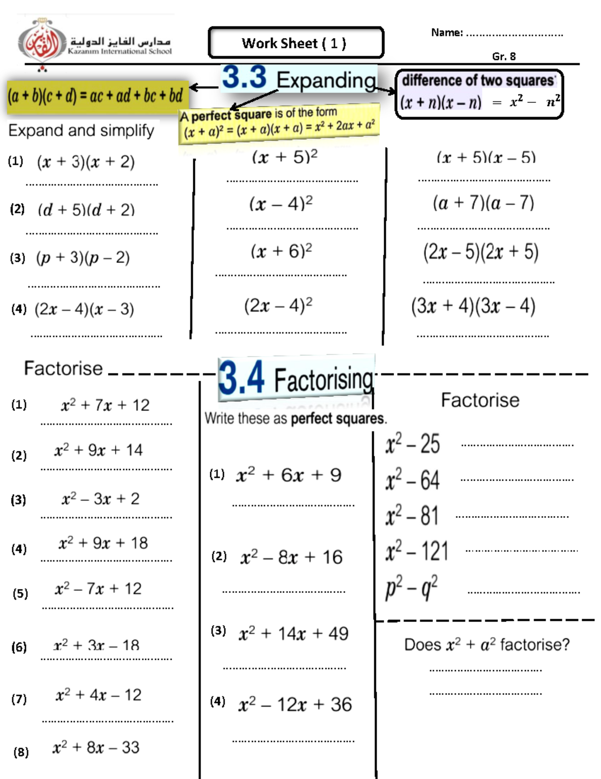 Work sheet Gr8 no1 - Expanding and factorising - Complete : - Studocu