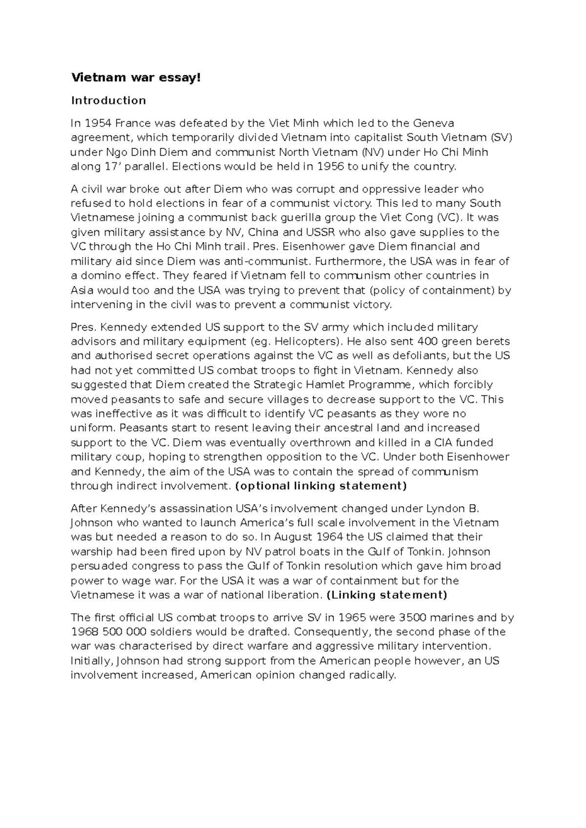 Vietnam War Essay: Analysis of US Involvement and Strategies - Studocu