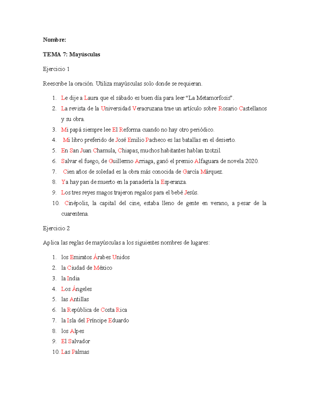 TEMA 7: Ejercicios de Uso de Mayúsculas y Reescritura - Studocu