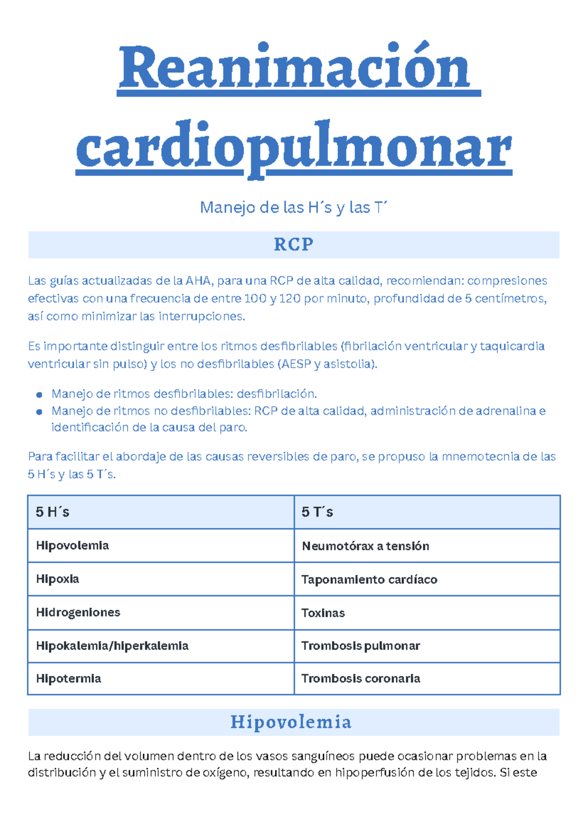 Guía de RCP: Manejo de las 5 H's y 5 T's - RCP H'S Y T'S-2 - Studocu