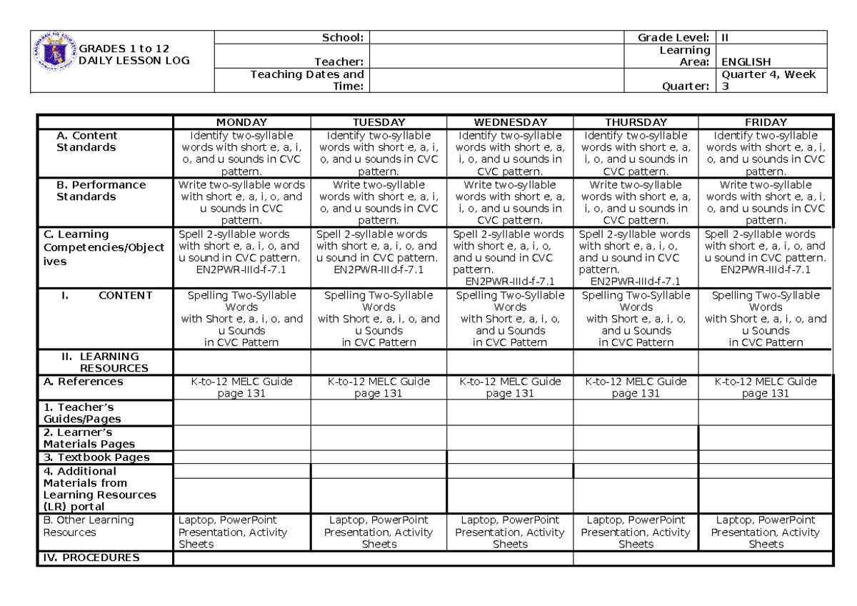 Q4W3- English-DLL - DLL in English - GRADES 1 to 12 DAILY LESSON LOG ...