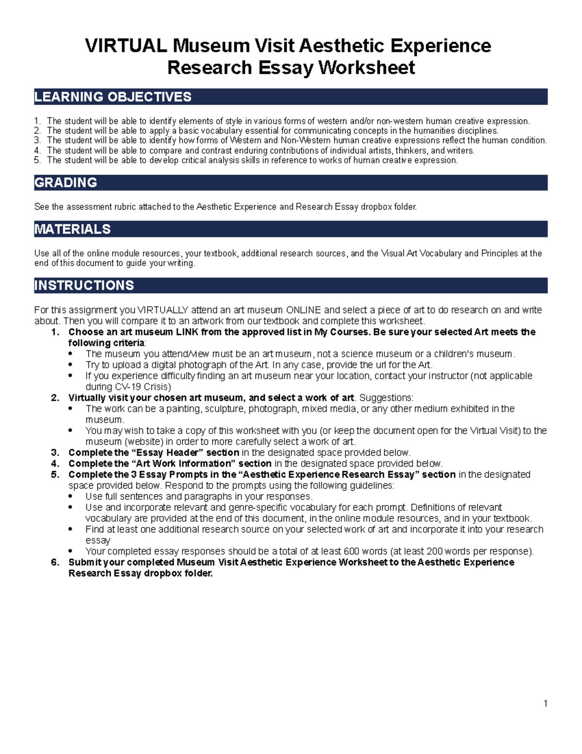 Virtual Museum Visit AE Research Essay Worksheet - VIRTUAL Museum Visit ...