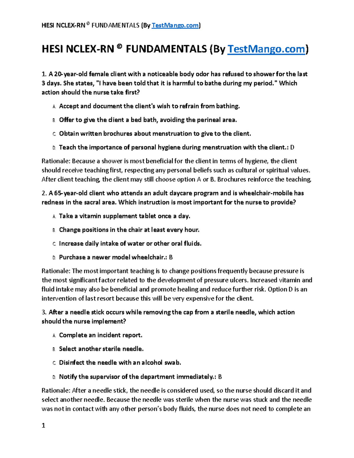 HESI Nclex RN Fundamentals Test Mango - HESI NCLEX-RN © FUNDAMENTALS ...