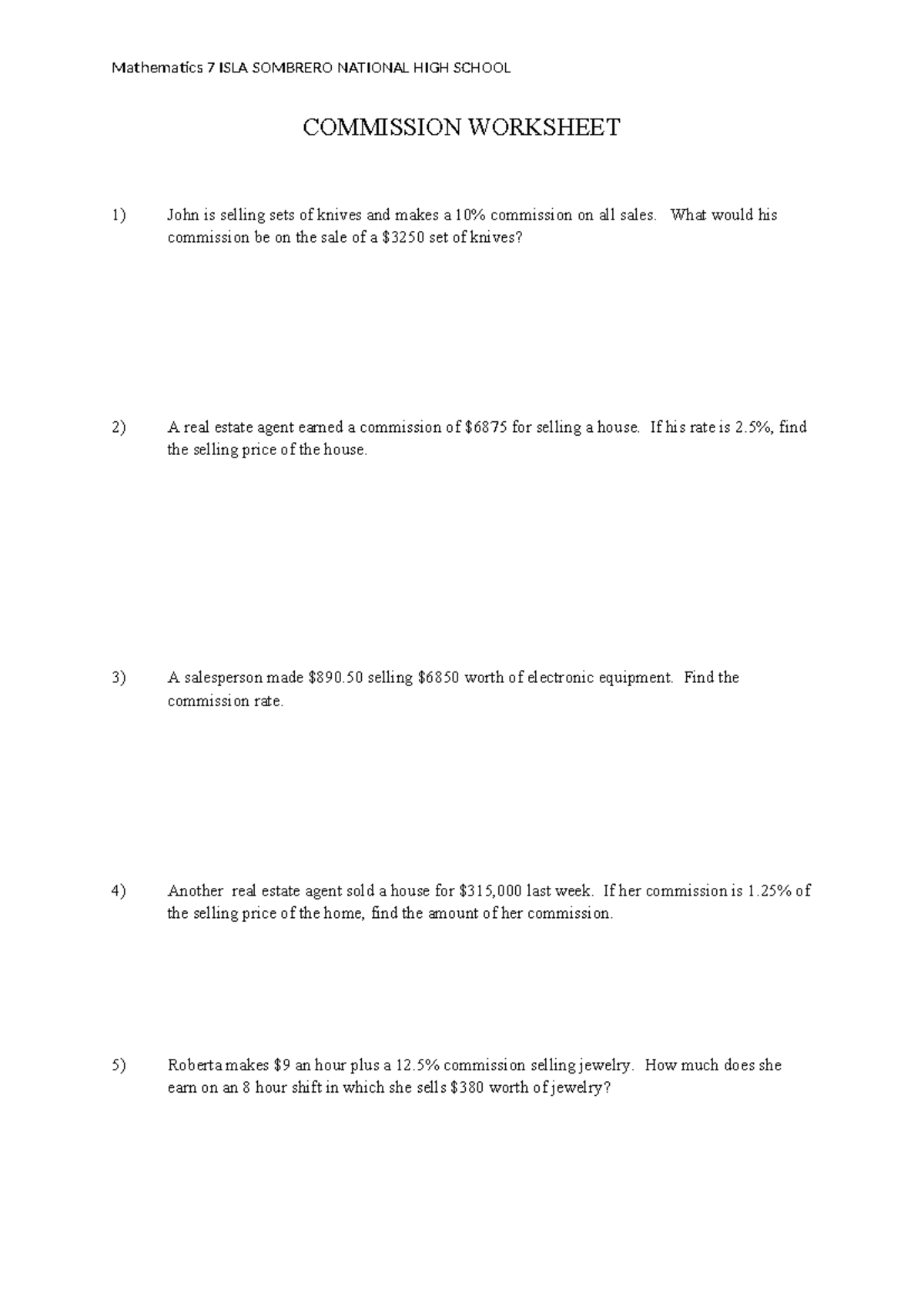 Mathematics 7: Commission Worksheet for ISLA SOMBRERO HIGH SCHOOL - Studocu