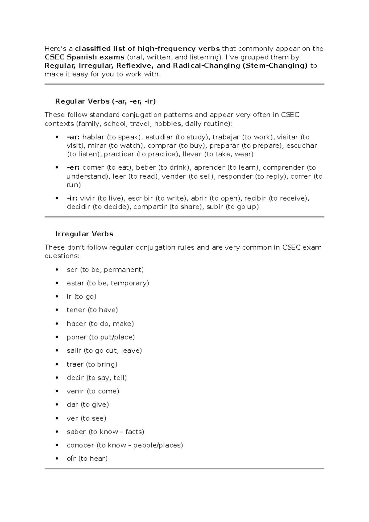 CSEC Spanish Exam: High-Frequency Verbs List (Oral, Written, Listening ...