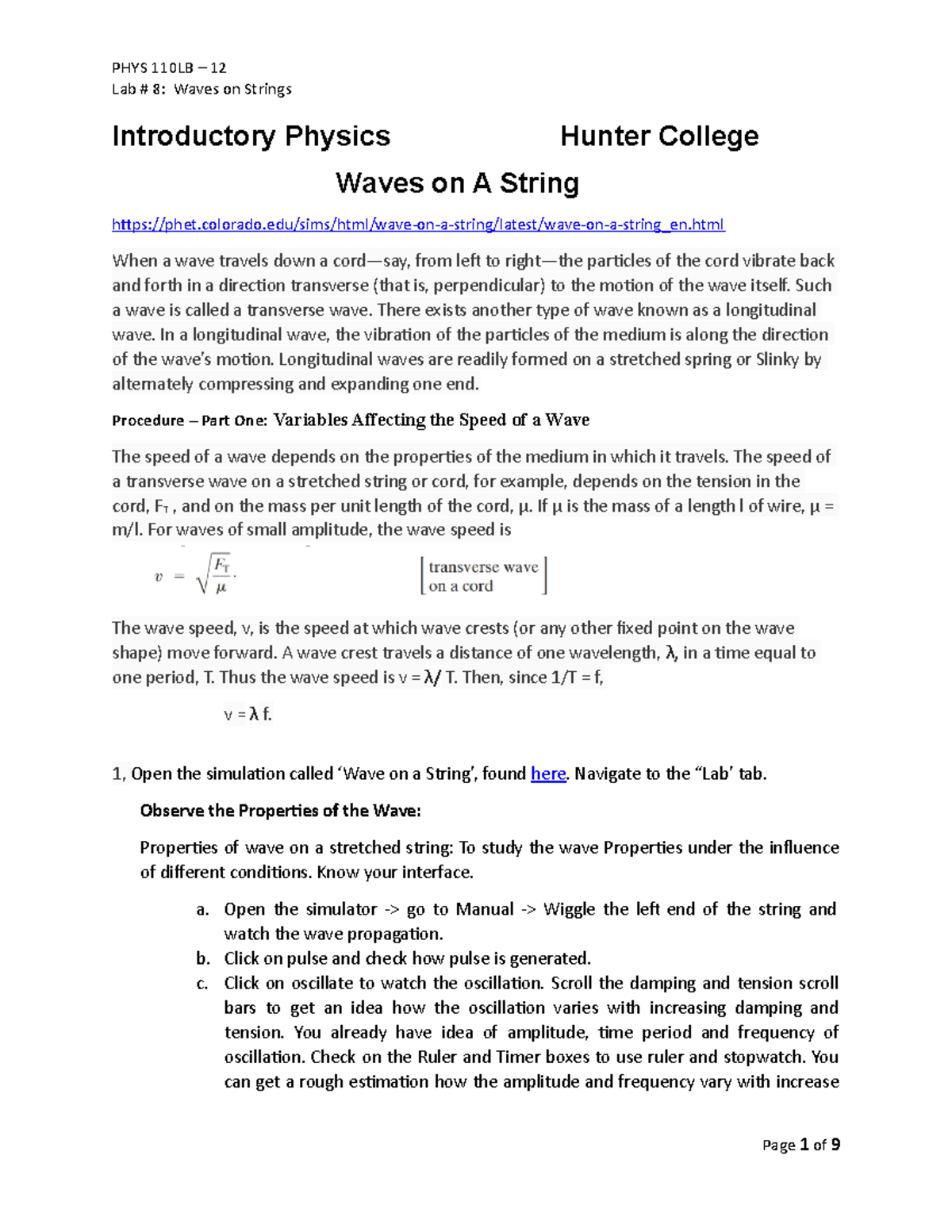 Phys lab 8 - Lab report - Lab # 8: Waves on Strings Introductory ...