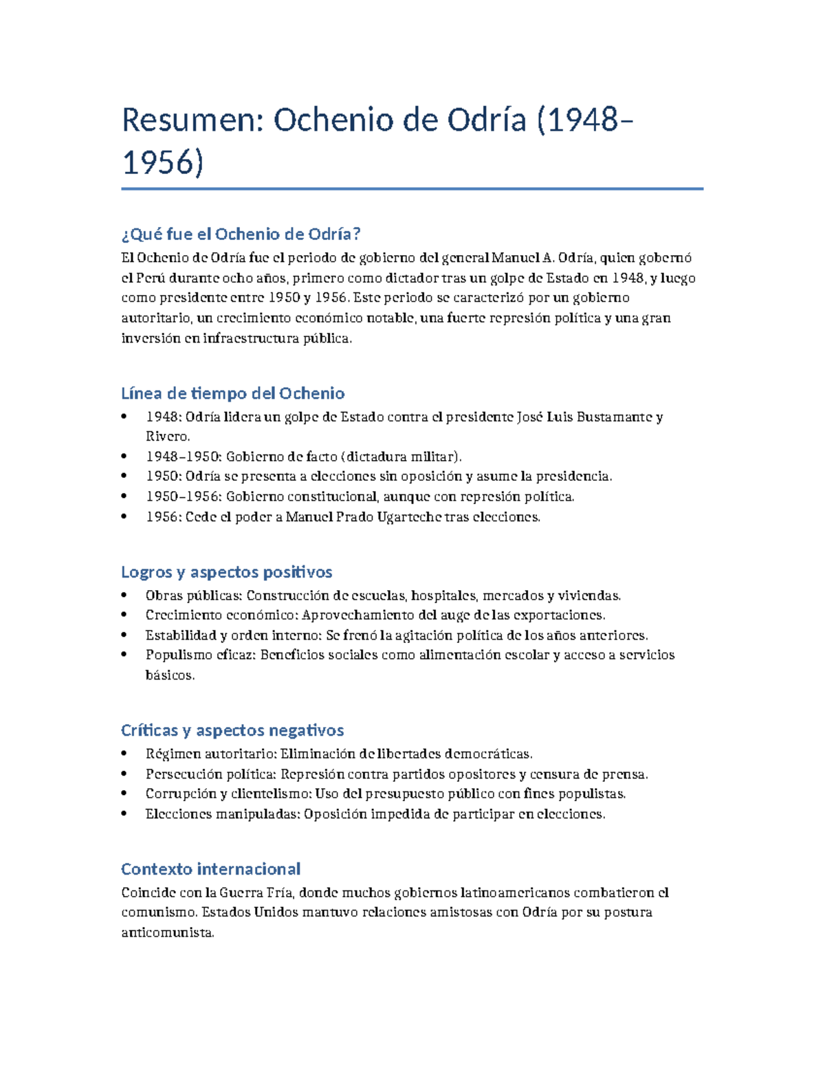 Resumen del Ochenio de Odría (1948-1956) en Perú - Studocu